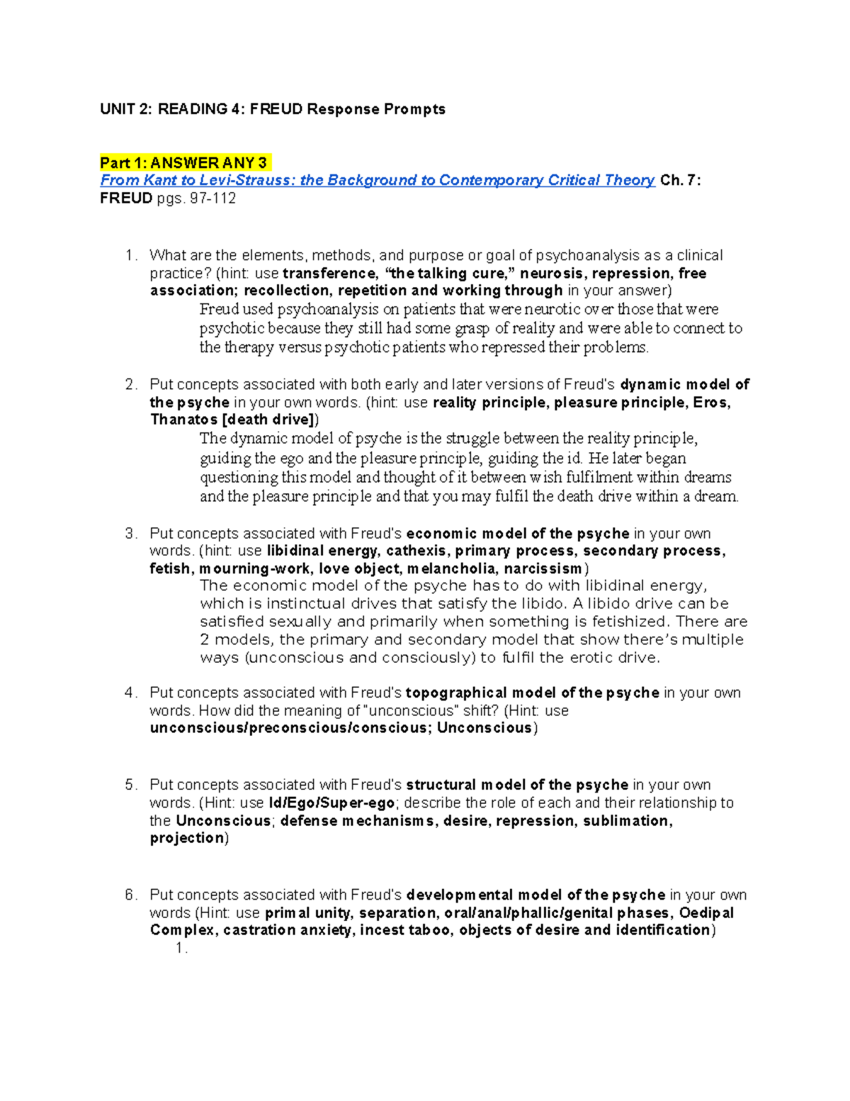UNIT 2 - unit 2 reading questions - UNIT 2: READING 4: FREUD Response ...