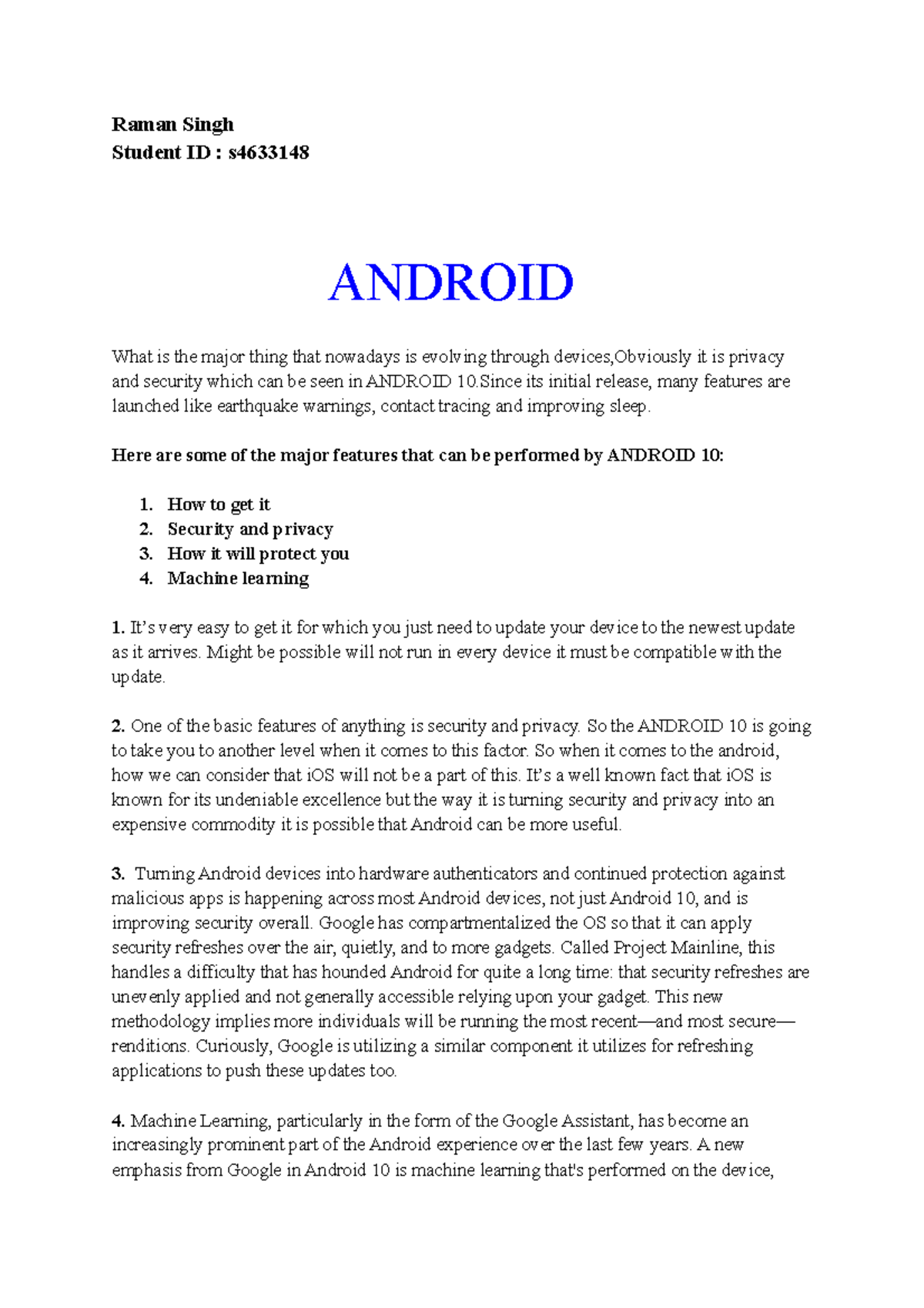 Part1 (4) - Assignment part 1 - Raman Singh Student ID : s ANDROID What ...