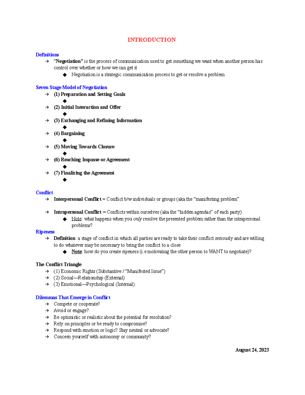 Negotiation Theory Class Notes - INTRODUCTION Definitions “Negotiation ...