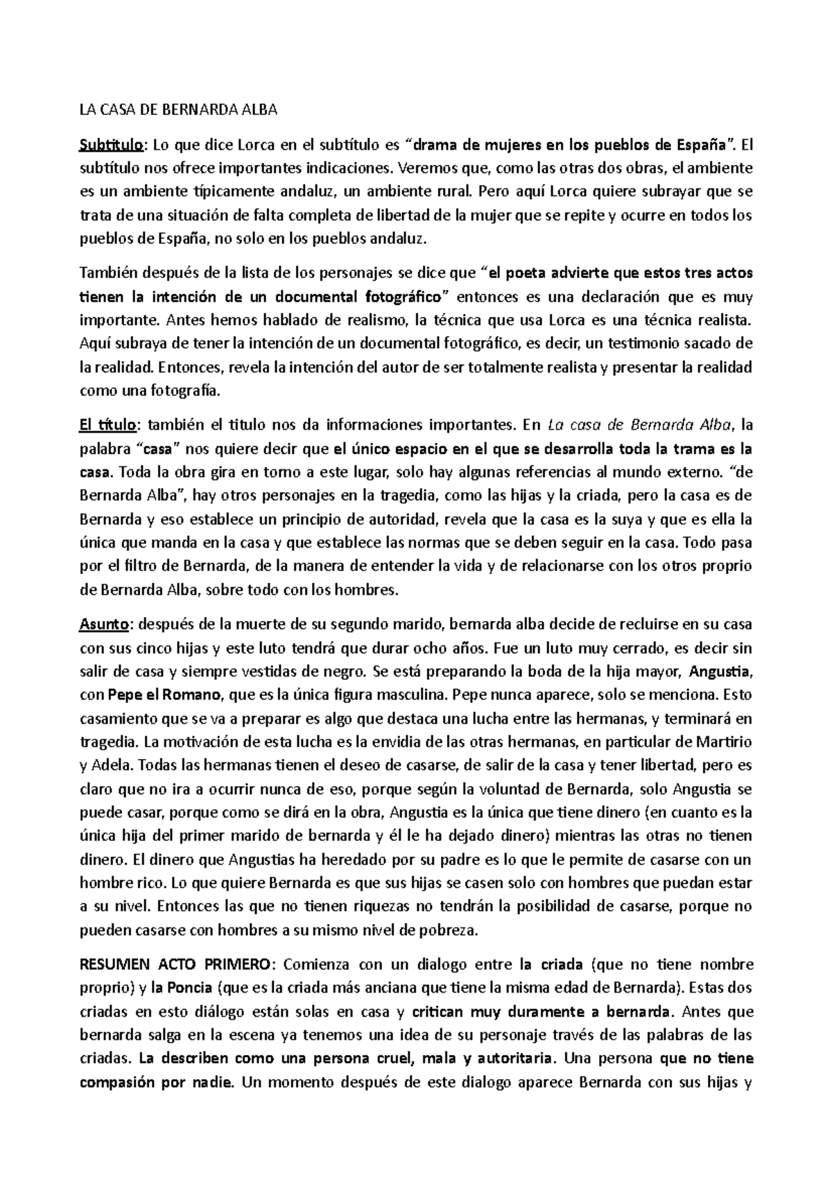 Resumen y analisis de La Casa de Bernarda Alba, F. G. Lorca - LA CASA ...