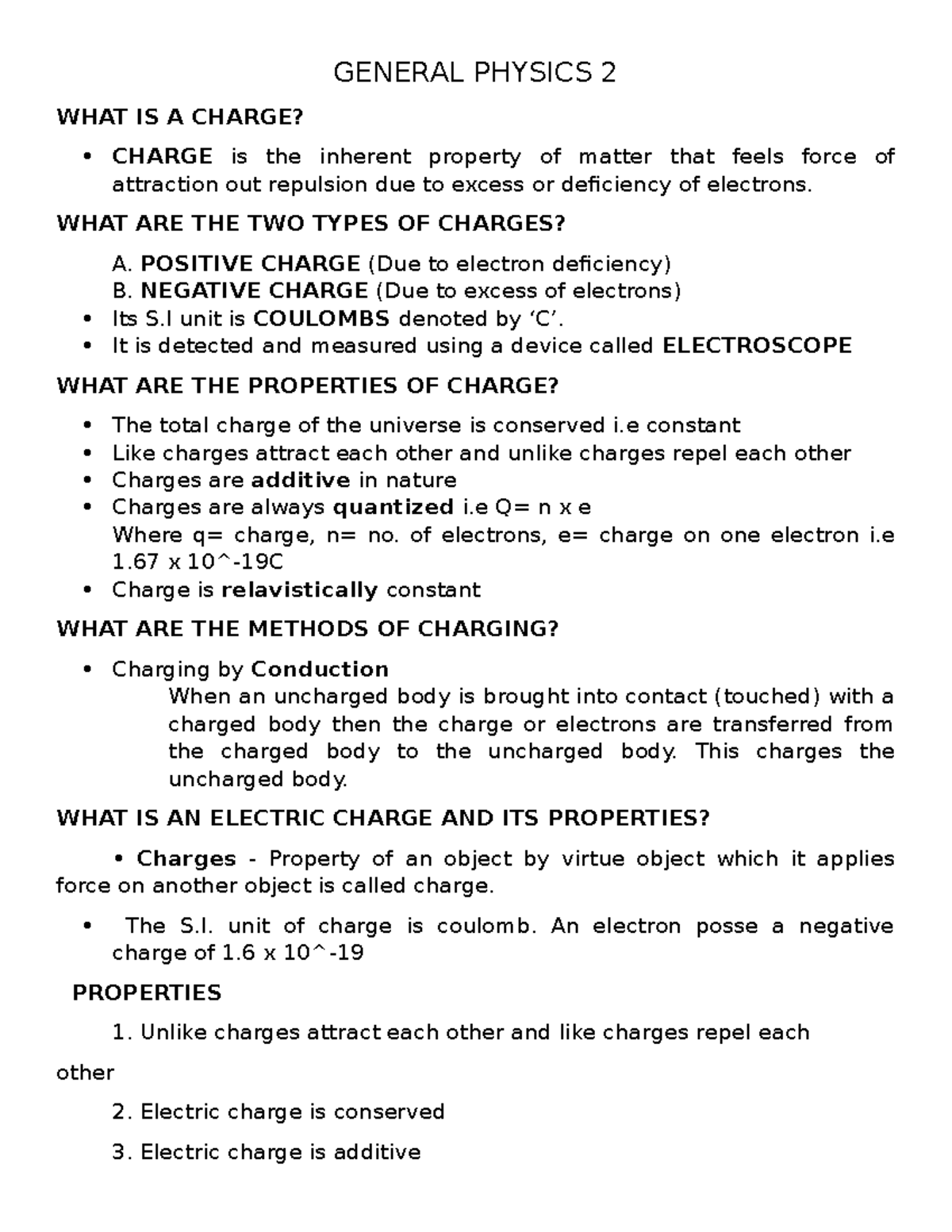 General Physics 2 Reviewer - GENERAL PHYSICS 2 WHAT IS A CHARGE? CHARGE ...