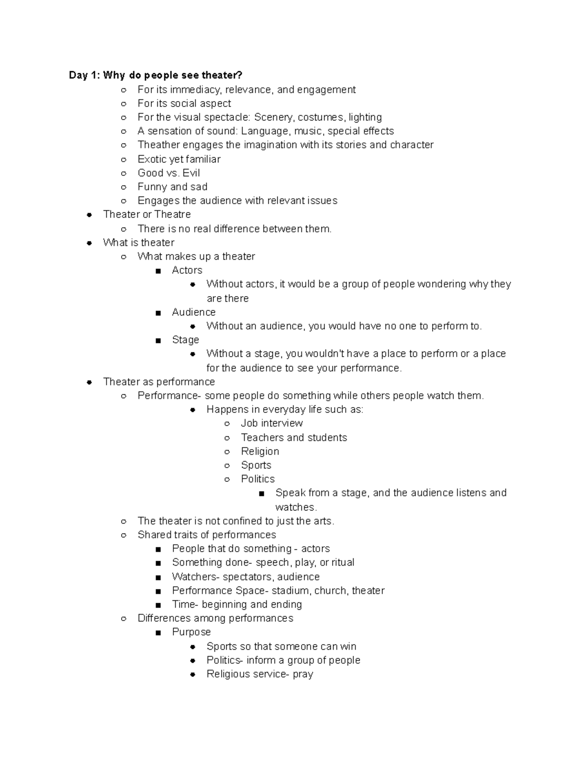 Ch.1 Why Theather Notes - Day 1: Why do people see theater? For its ...