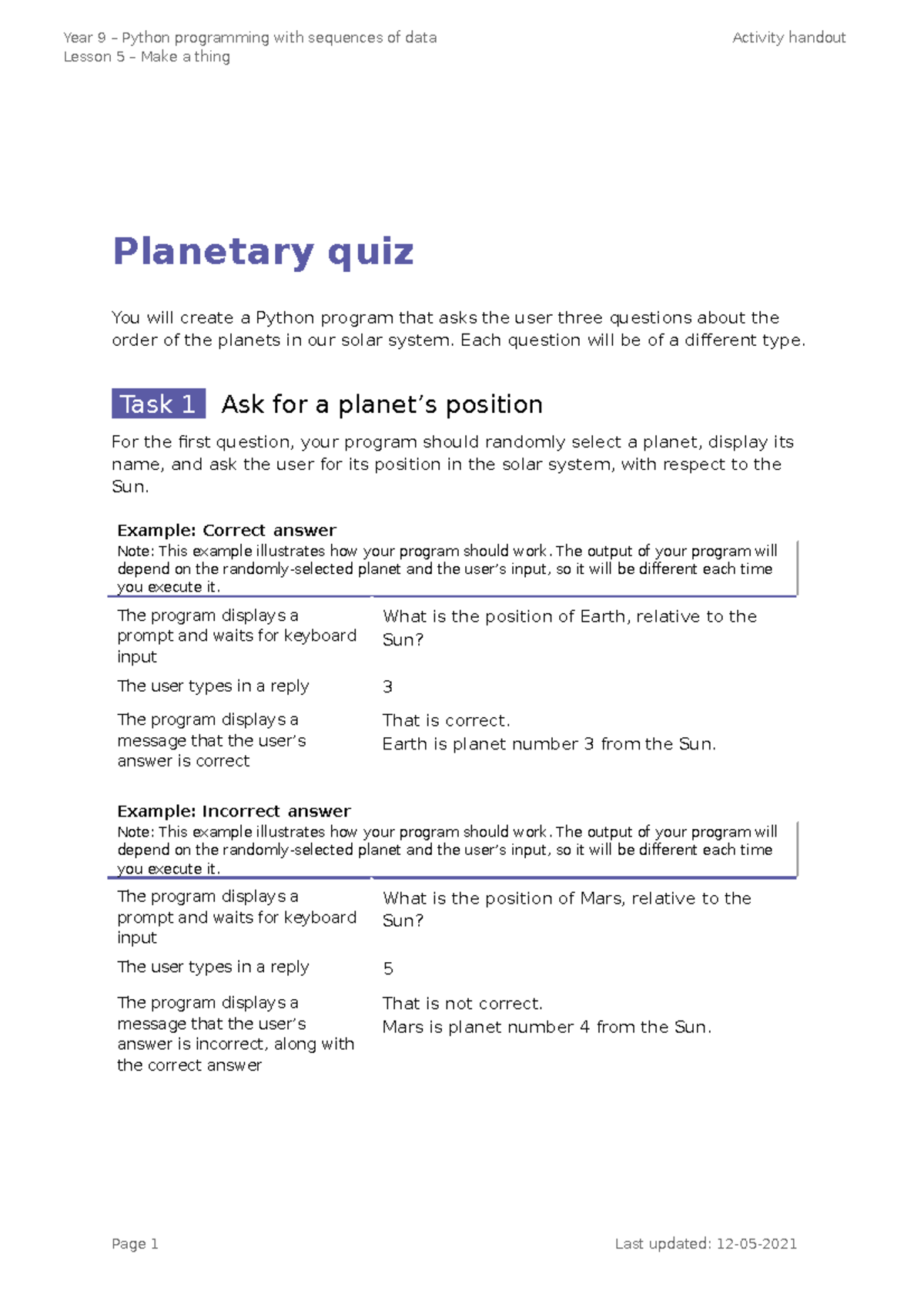 A3 Worksheet Planetary quiz ΓÇô Mini-project - Lesson 5 – Make a thing ...