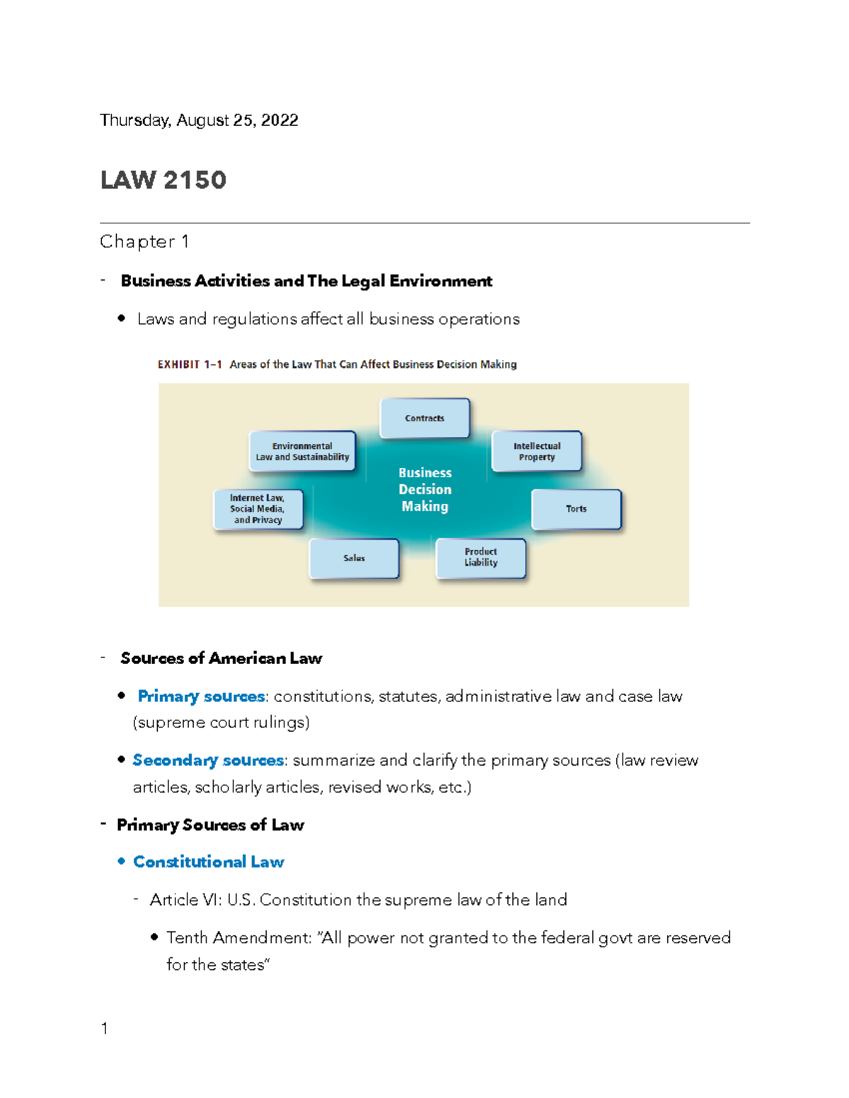Chapter 1 - Legal Environment of Business, Professor Deal - Thursday ...