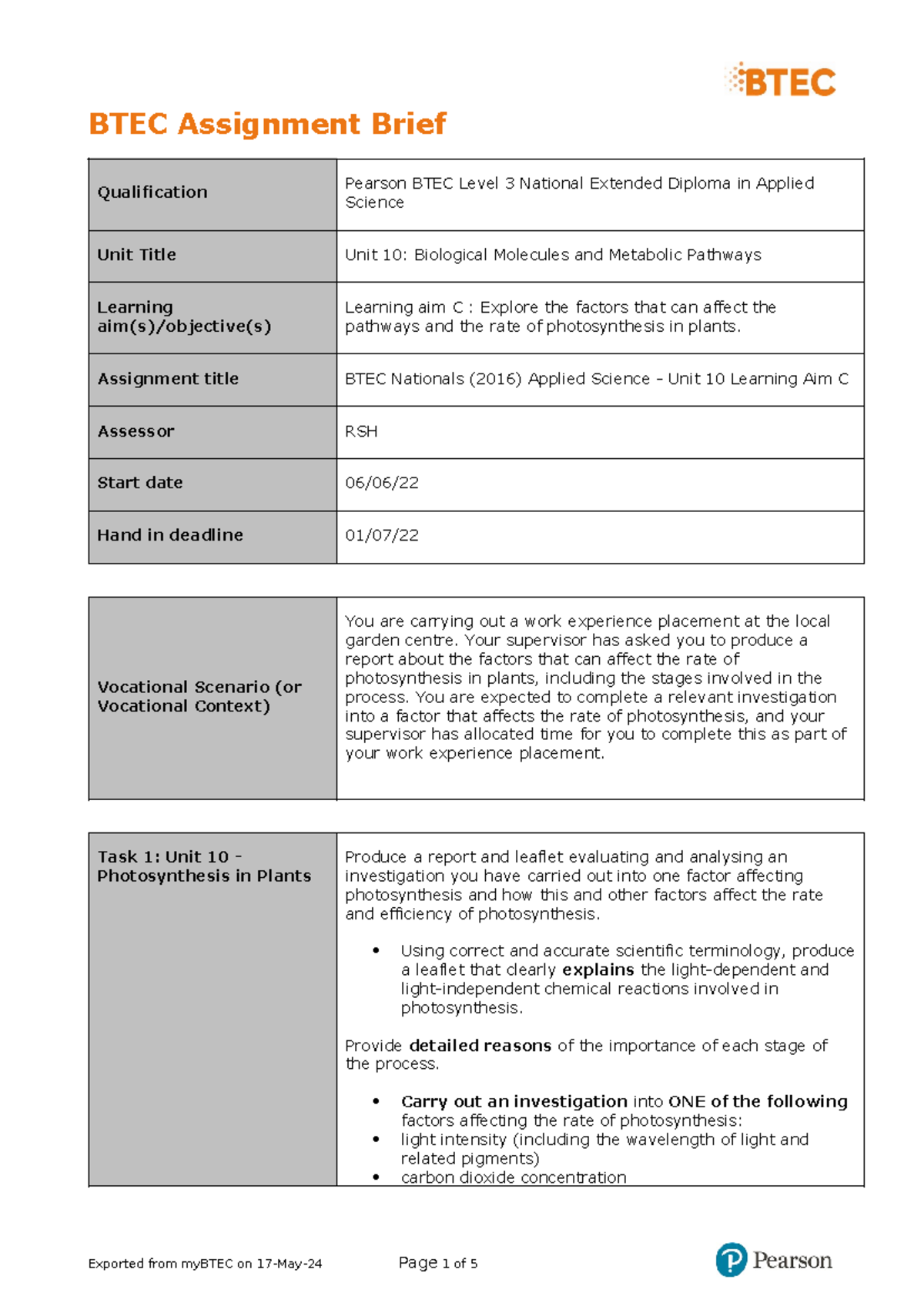 BTEC Nationals (2016 ) Applied Science - Unit 10 Learning Aim C RSH ...