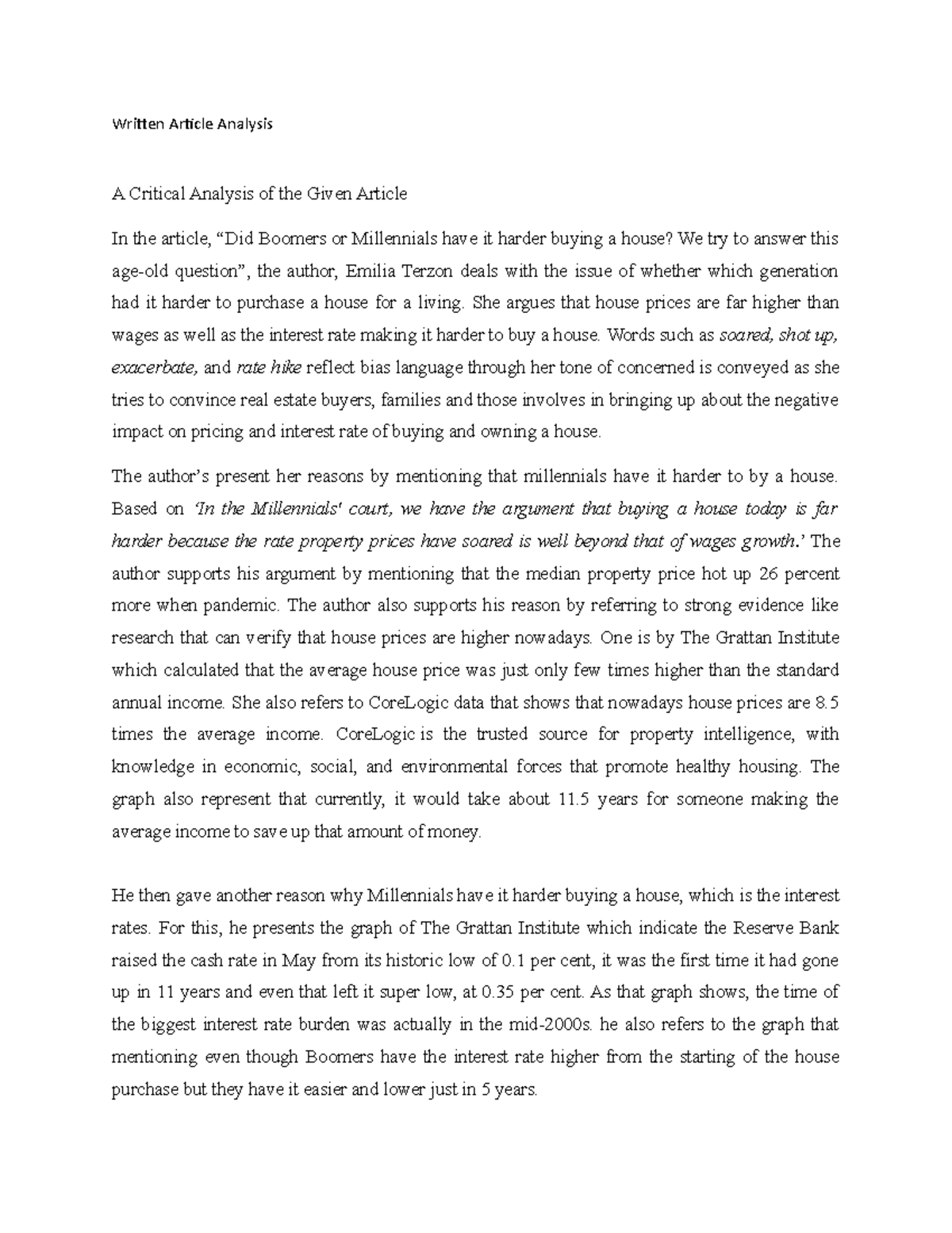 Written Article Analysis - She argues that house prices are far higher ...