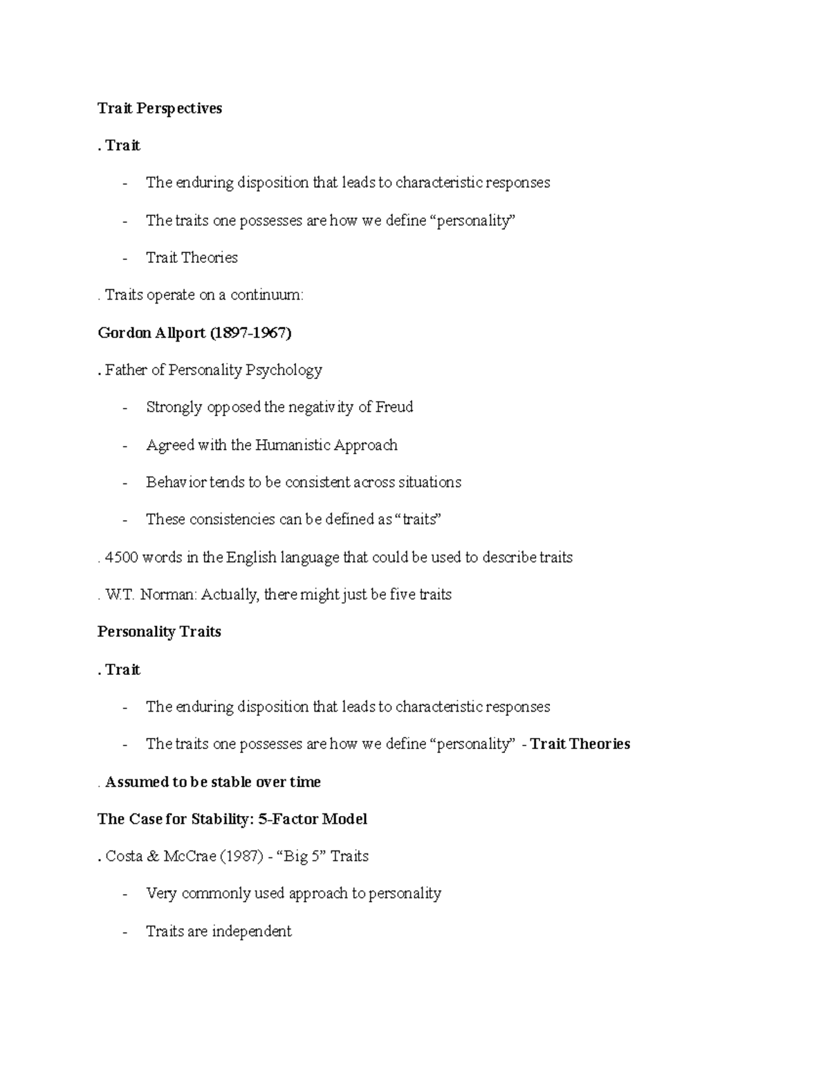 Personality Part 2 - Dr. Nicholas Maxwell - Trait Perspectives . Trait ...