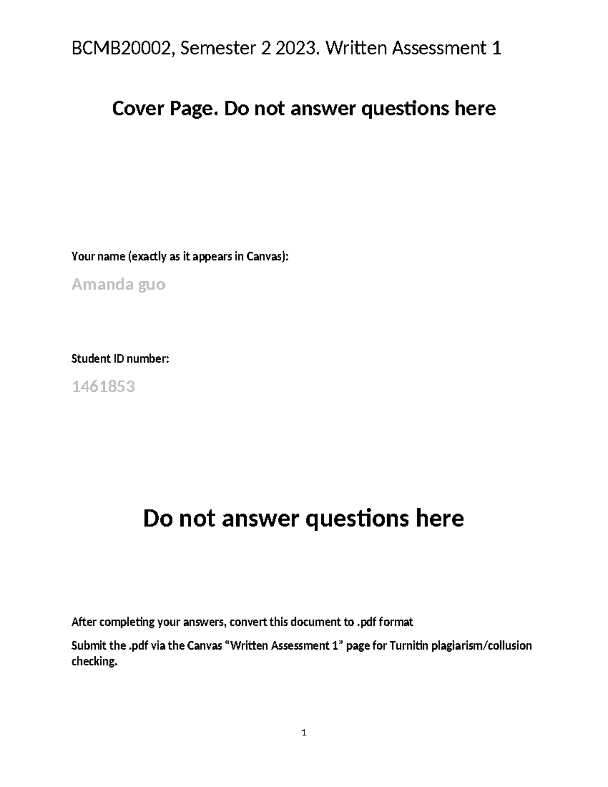 Answer booklet BCMB20002 - Cover Page. Do not answer questions here ...