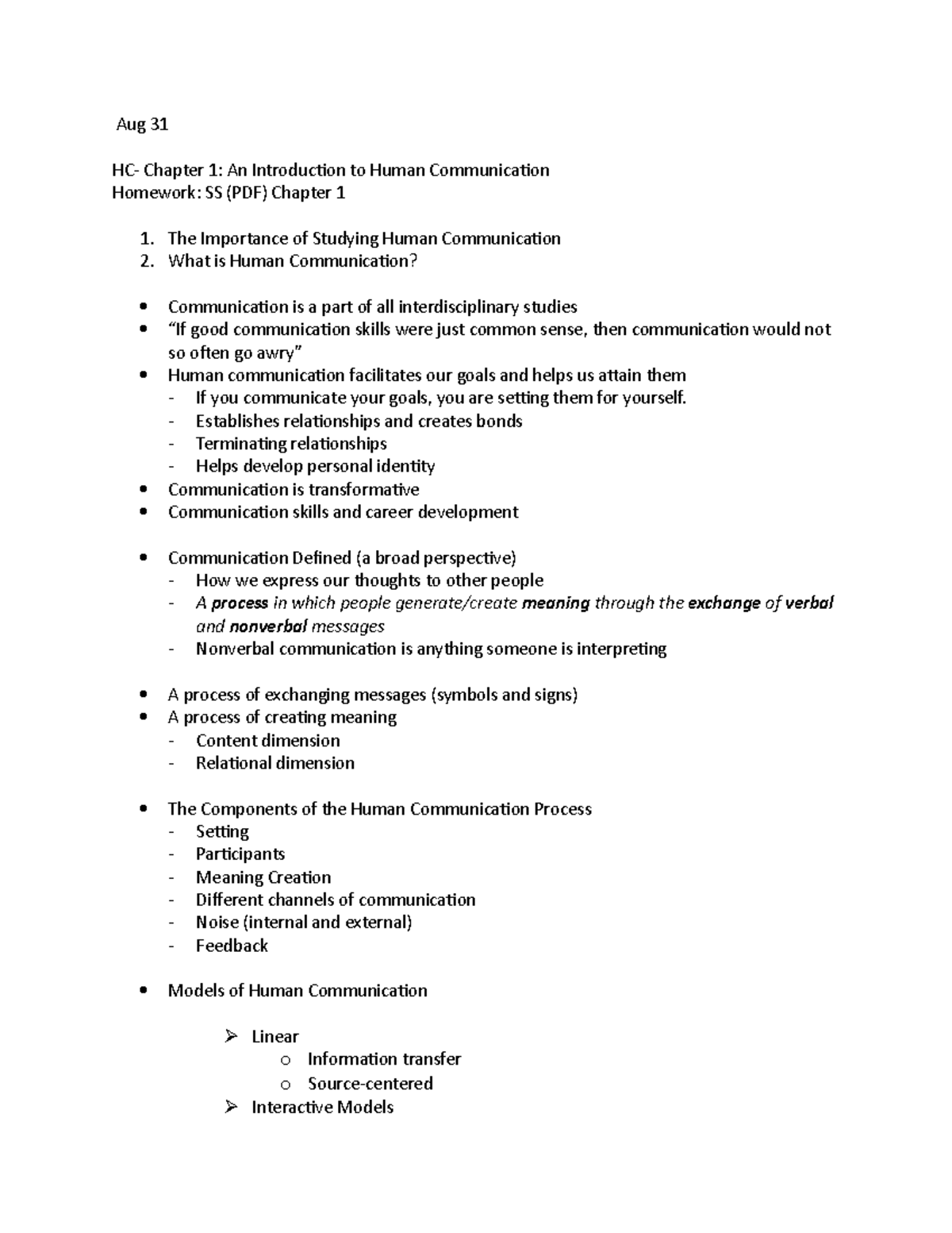 Comm 150 Notes - Aug 31 Chapter 1: An Introduction to Human ...