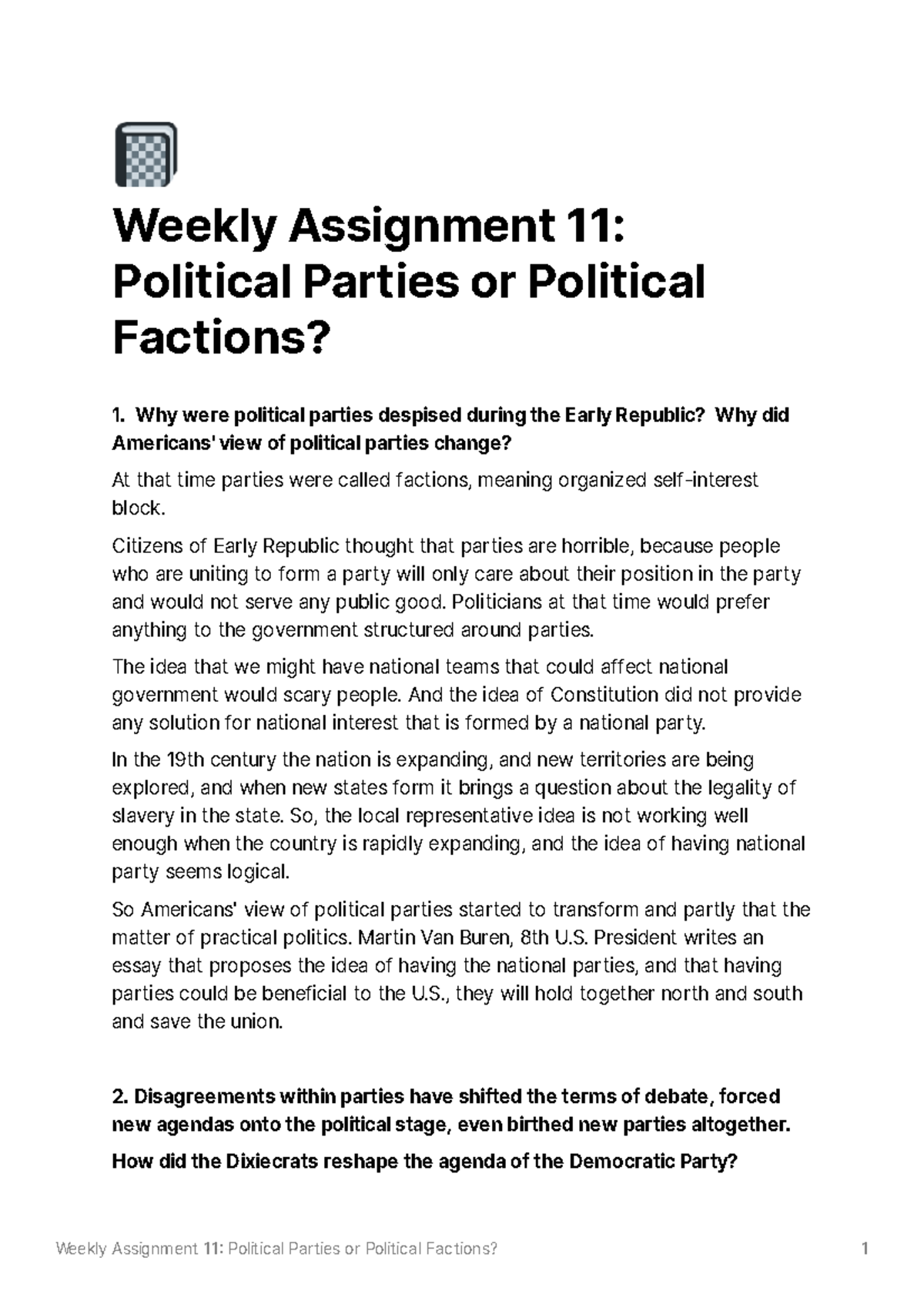 Weekly Assignment 11 Political Parties or Political Factions - Weekly ...