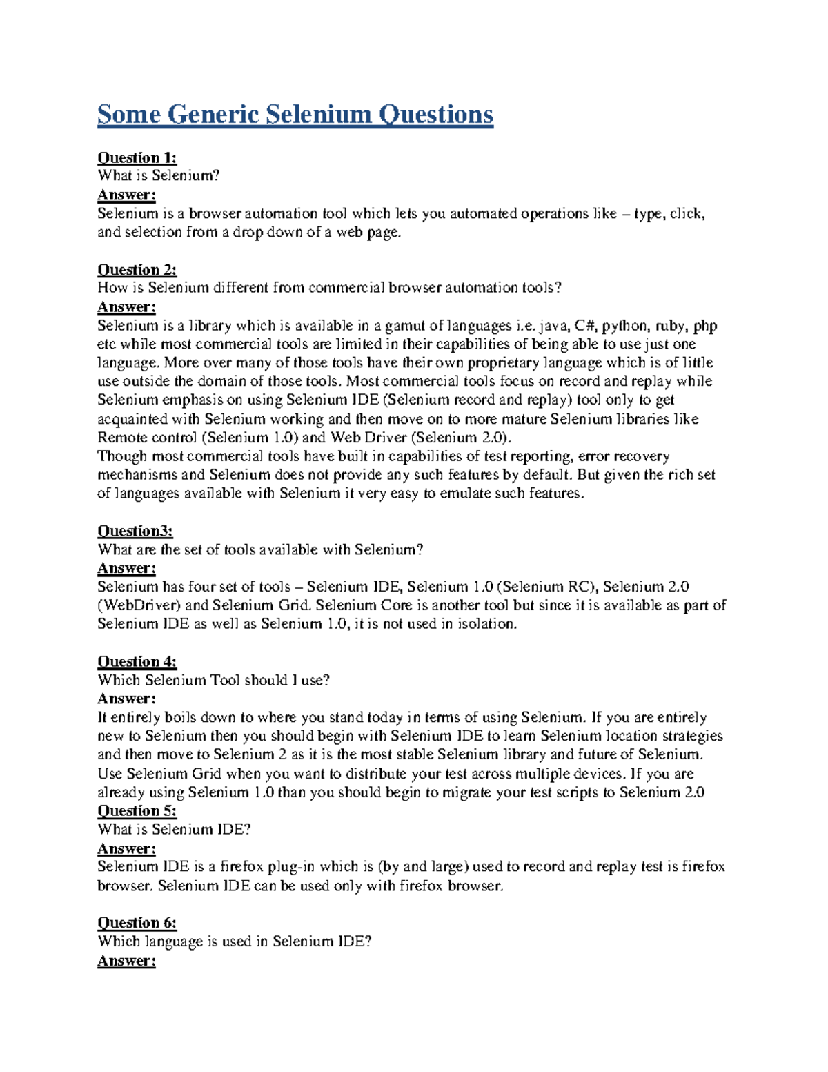 Some Generic Selenium Questions Answers Set Some Generic Selenium