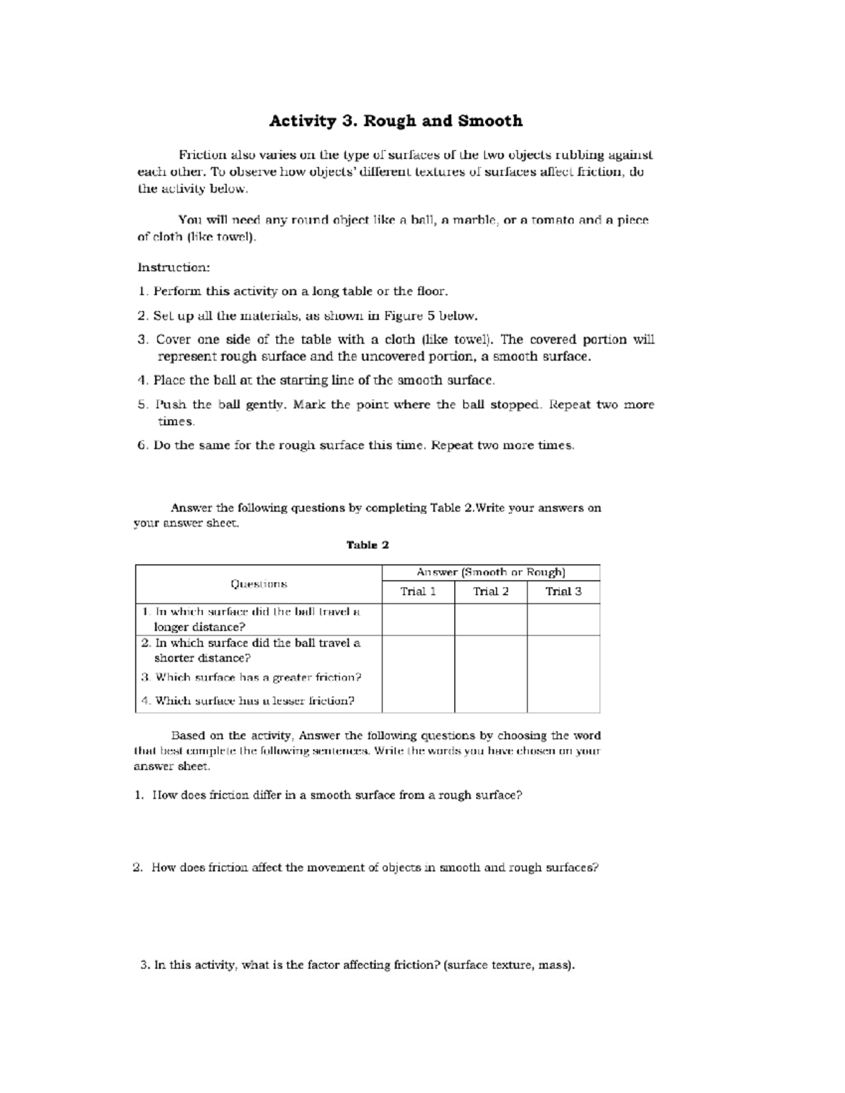 Activity Rough AND Smooth - Activity 3. Rough and Smooth Friction also ...