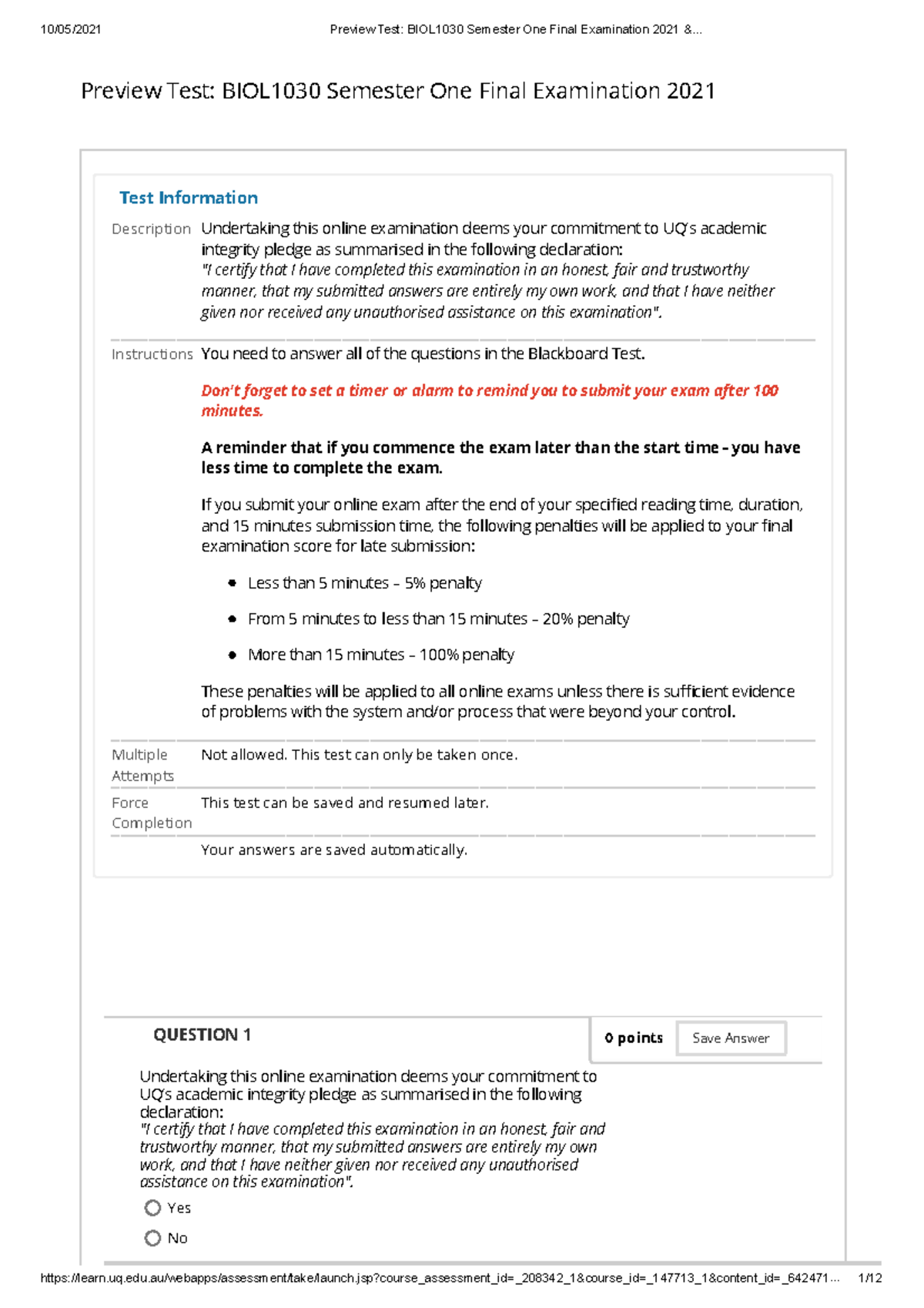 Semester One Final Examinations 2021 BIOL1030 - Preview Test: BIOL1030 ...