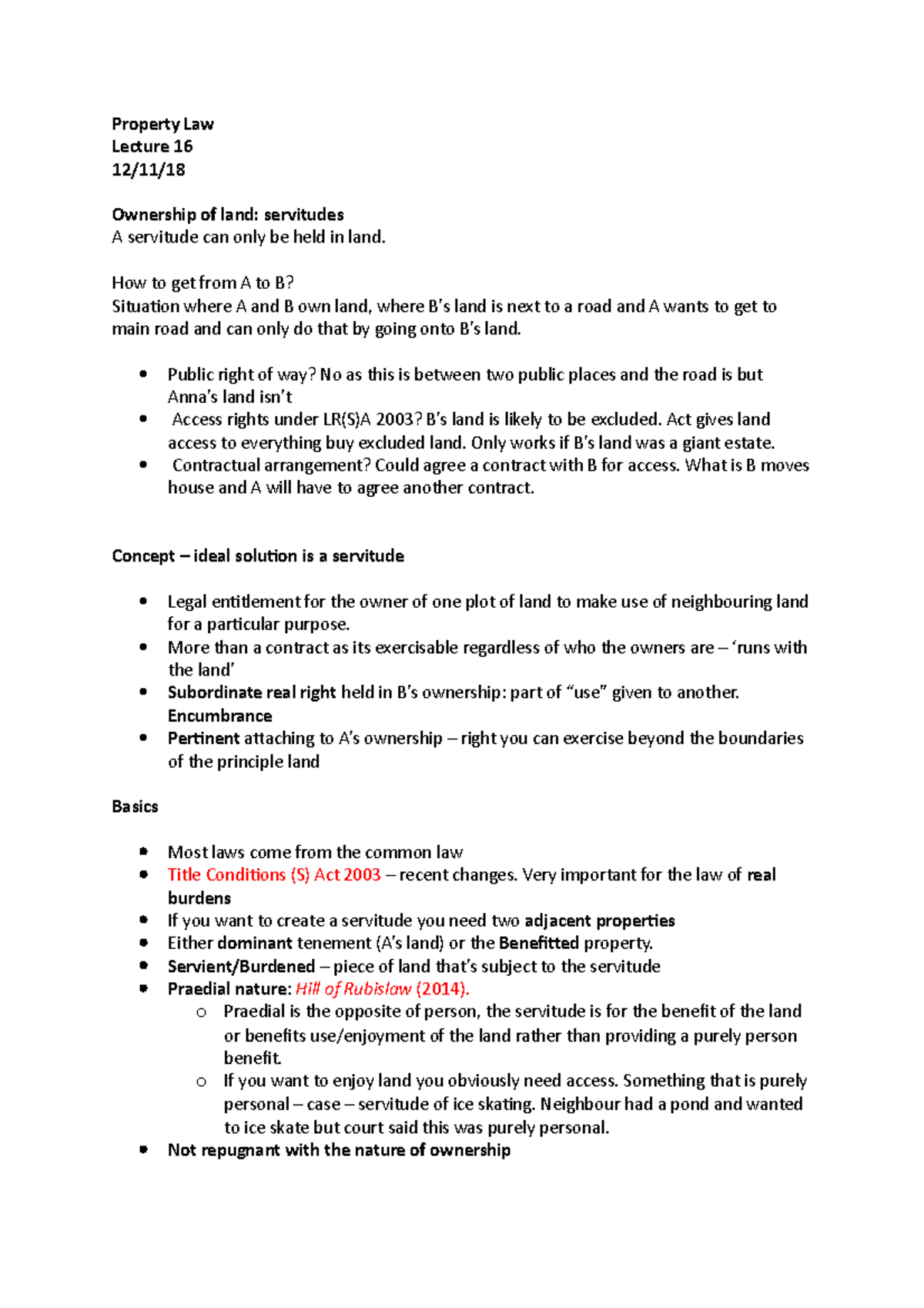 Property Law - Lecture 16 (servitudes) - Property Law Lecture 16 12/11 ...