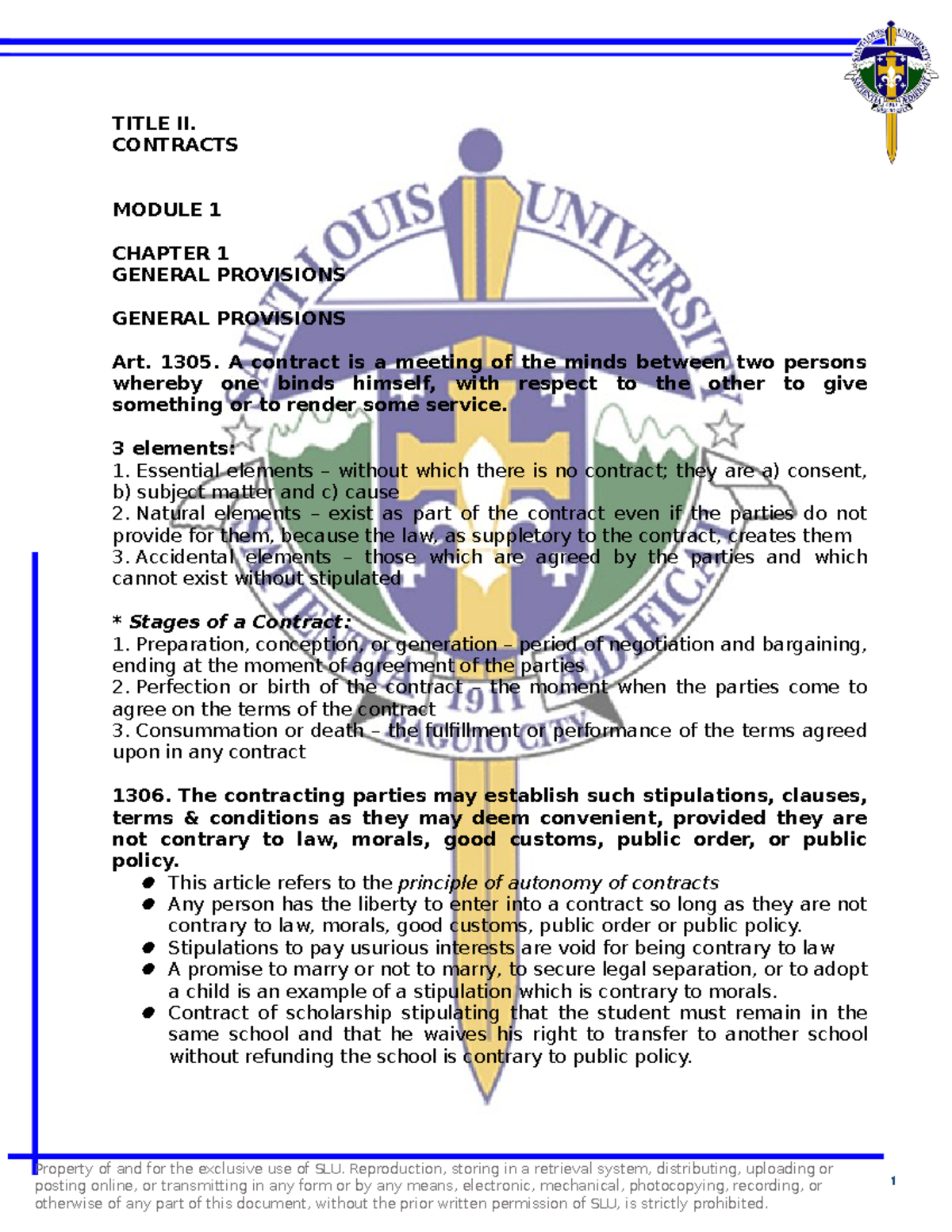 Notes on The Law on Contracts - TITLE II. CONTRACTS MODULE 1 CHAPTER 1 ...