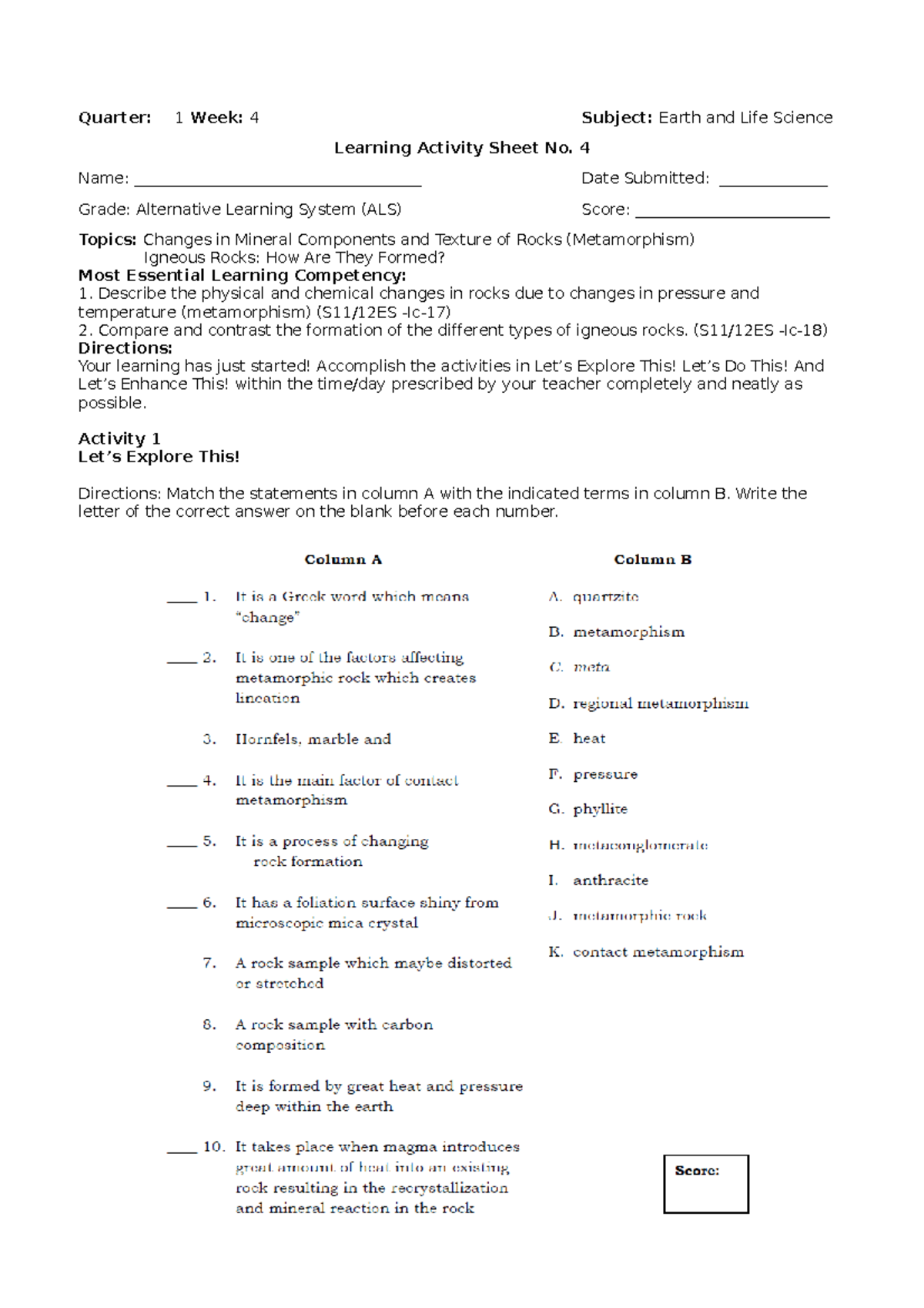 Learning Activity Sheet No. 4 ELS-KEY - Quarter: 1 Week: 4 Subject: Earth and Life Science ...
