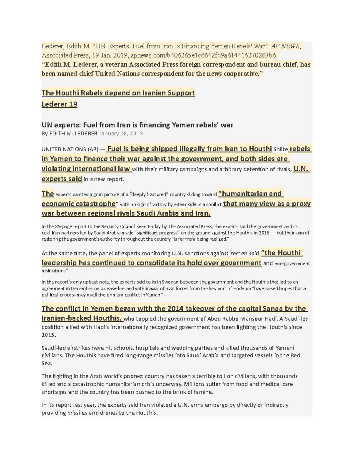 Houthis dependent on Iran - Lederer, Edith M. “UN Experts: Fuel from ...