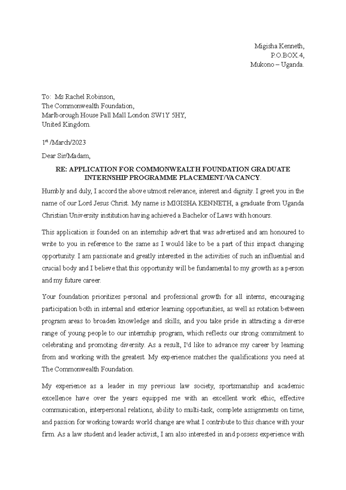 Migisha Kenneth - Motivation Letter (Commonwealth internship) - legal ...