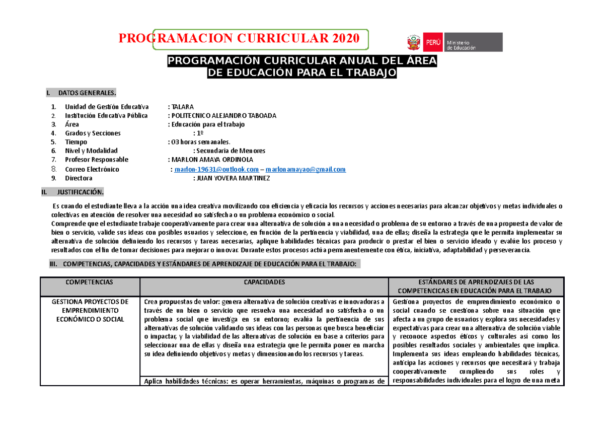 Programas Educación PARA EL Trabajo- Primer Año - PROGRAMACIÓN CURRICULAR ANUAL DEL ÁREA DE ...