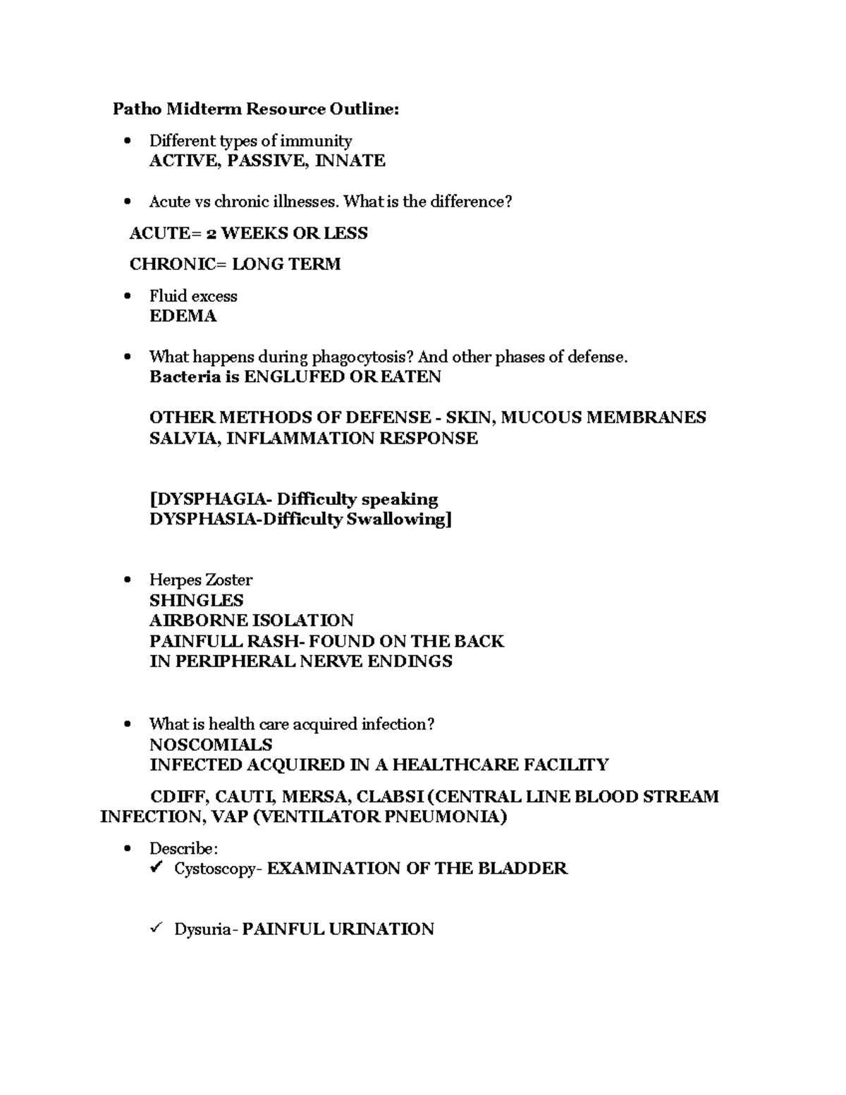 Patho Resource Outline - Patho Midterm Resource Outline: Different ...