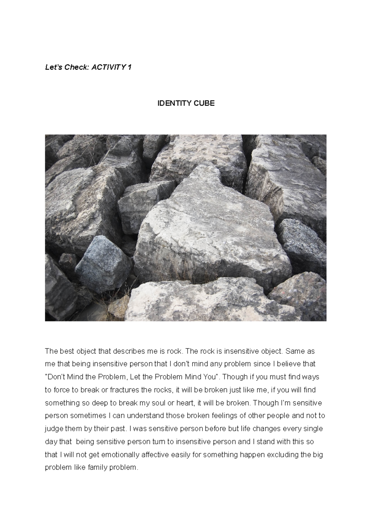 Short quiz - Let’s Check: ACTIVITY 1 IDENTITY CUBE The best object that ...