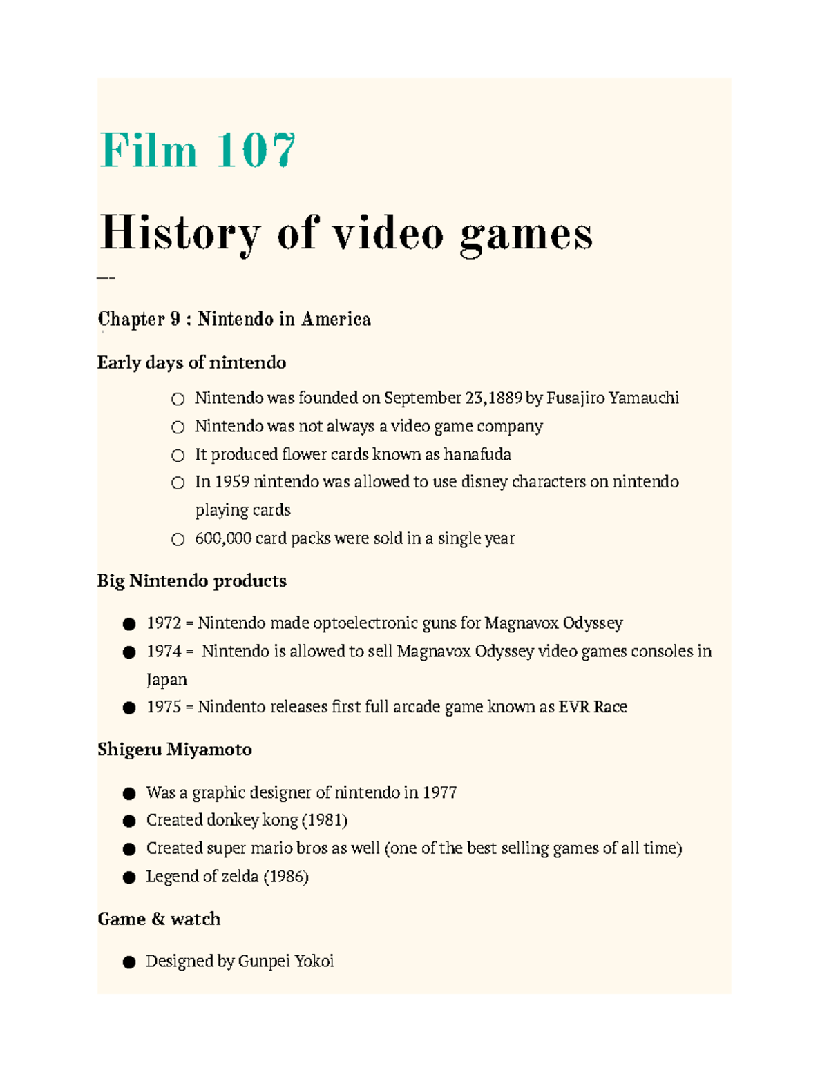 2021-Film 107-lecture notes week9 - Film 107 History of video games ...