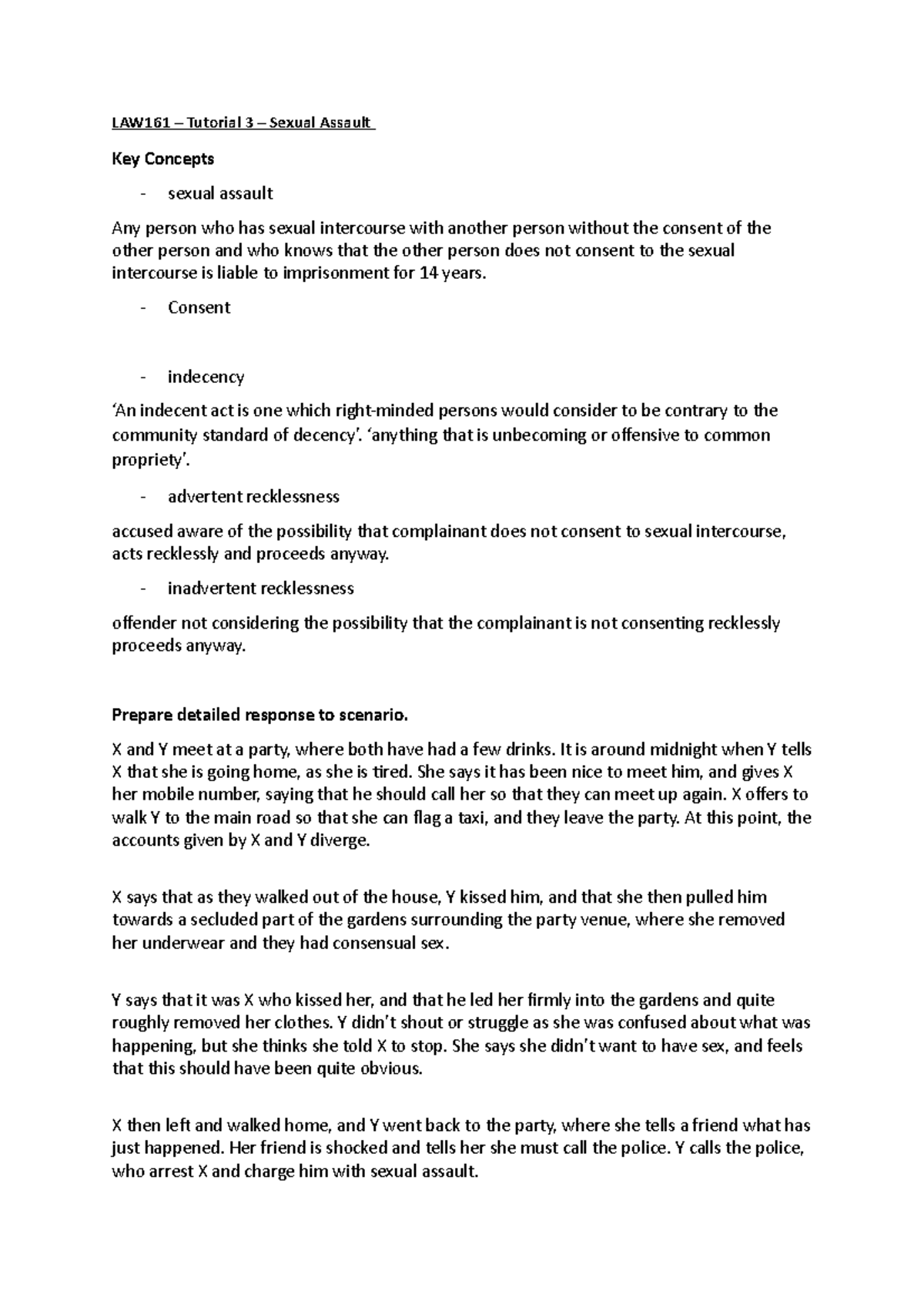 Tutorial 3 Sexual Assault - LAW161 – Tutorial 3 – Sexual Assault Key ...