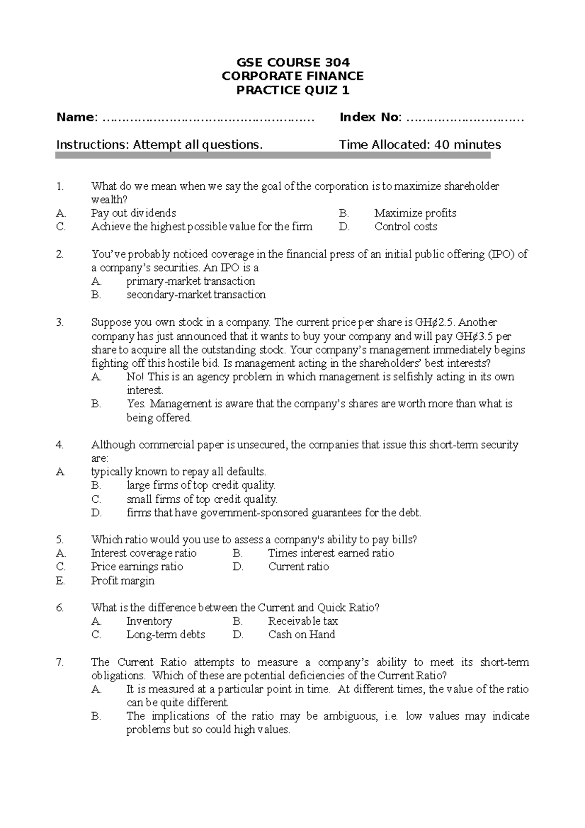 Corporate Finance Practice questions - GSE COURSE 304 CORPORATE FINANCE ...