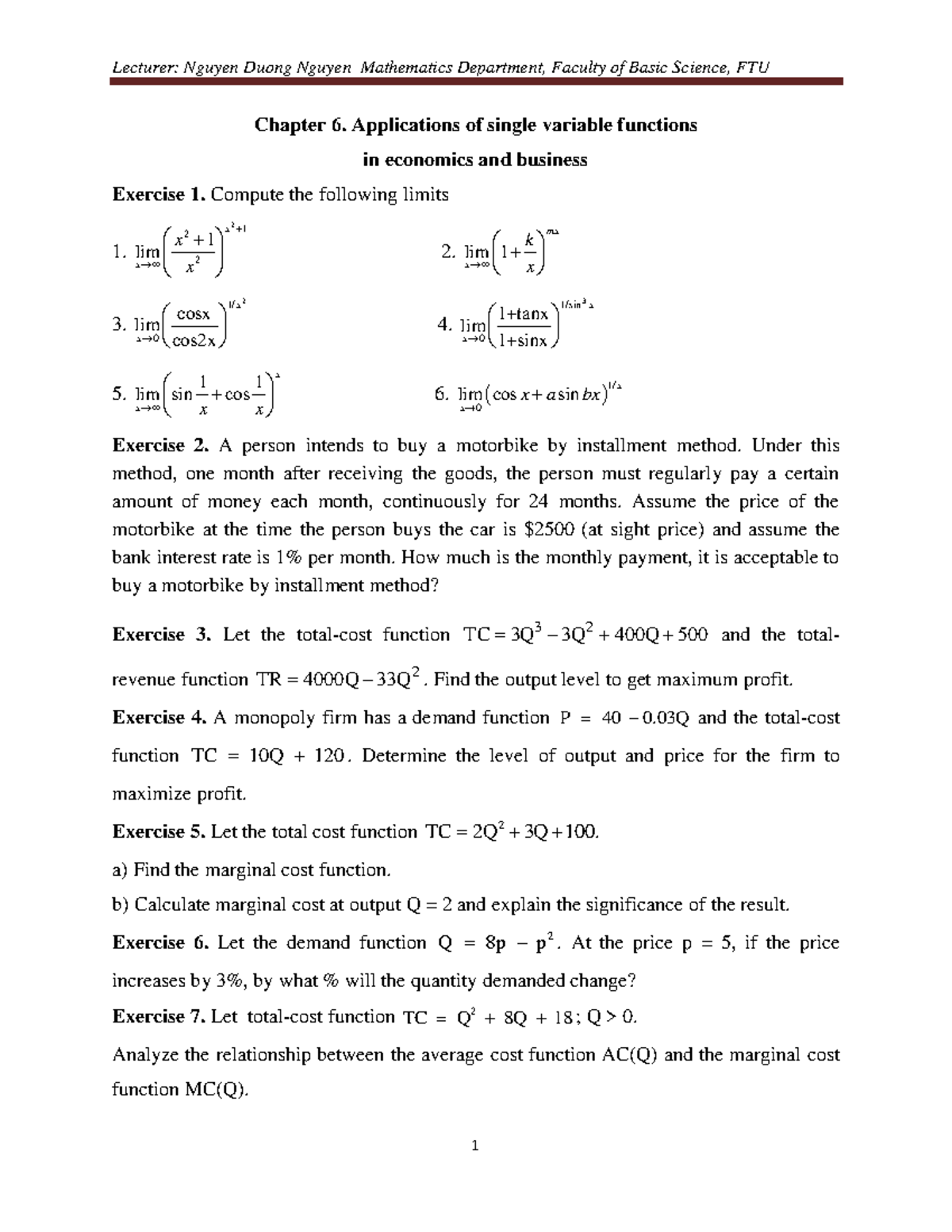 Exercise Chapter 6 TCC - Lecturer: Nguyen Duong Nguyen Mathematics Department, Faculty of Basic ...