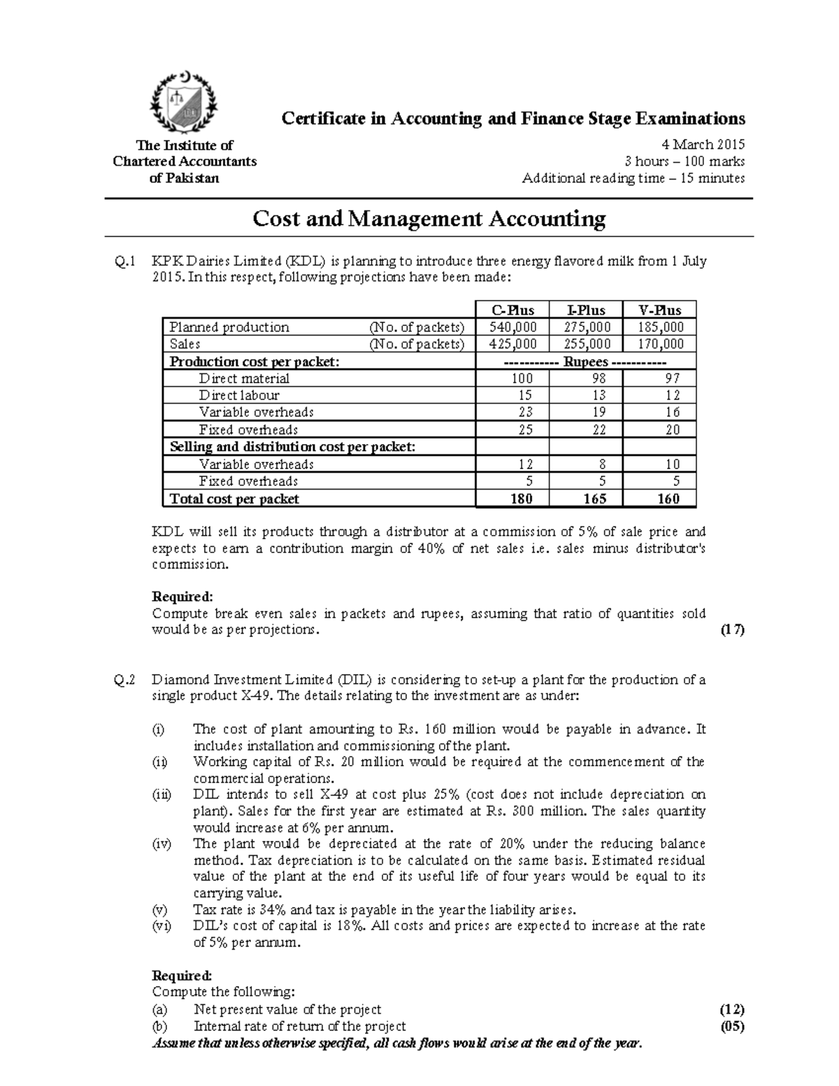 CAF 8 CMA Spring 2015 - ICAP - Certificate in Accounting and Finance ...