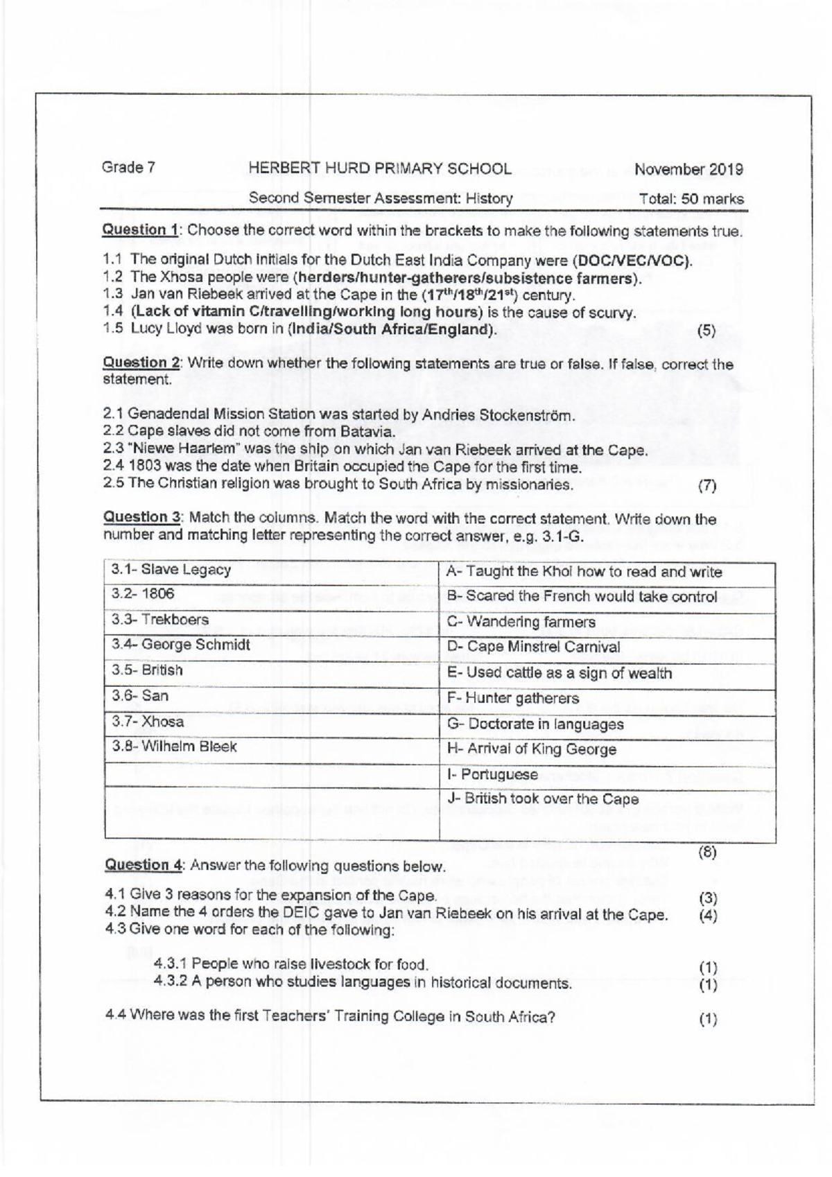 history grade7test - Studocu