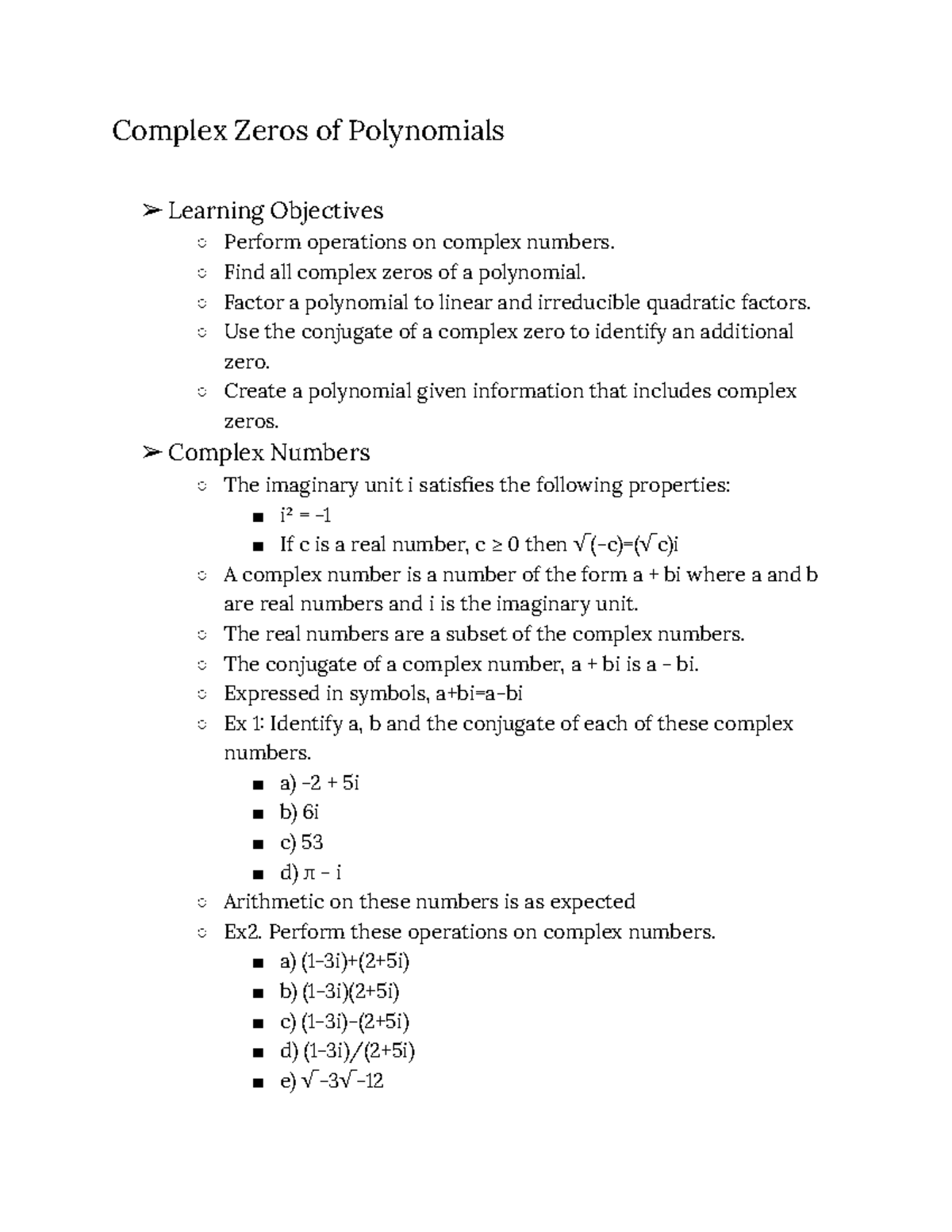 Math 1050 Lecture Notes Class 10 - Complex Zeros of Polynomials ...