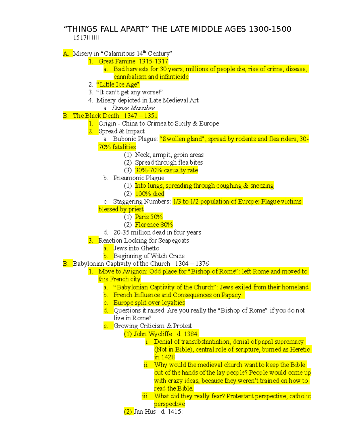 Late Middle Ages notes - “THINGS FALL APART” THE LATE MIDDLE AGES 1300 ...