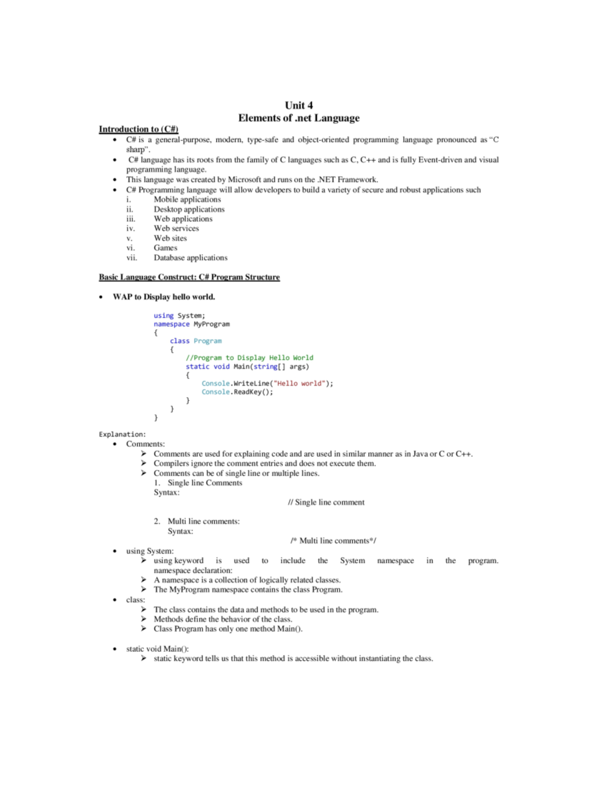Chapter-4 Elements OF .NET Language - Programming in Java - Studocu