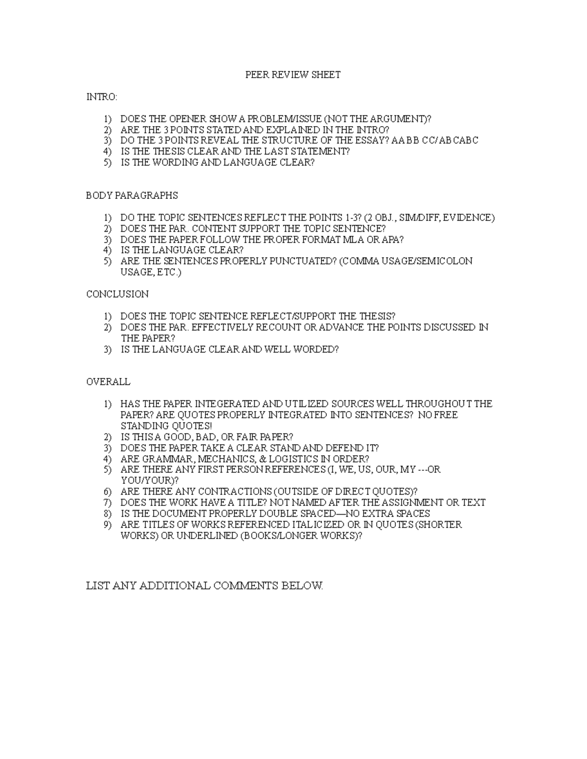 PEER Review Sheet Compare AND Contrast - PEER REVIEW SHEET INTRO: 1 ...