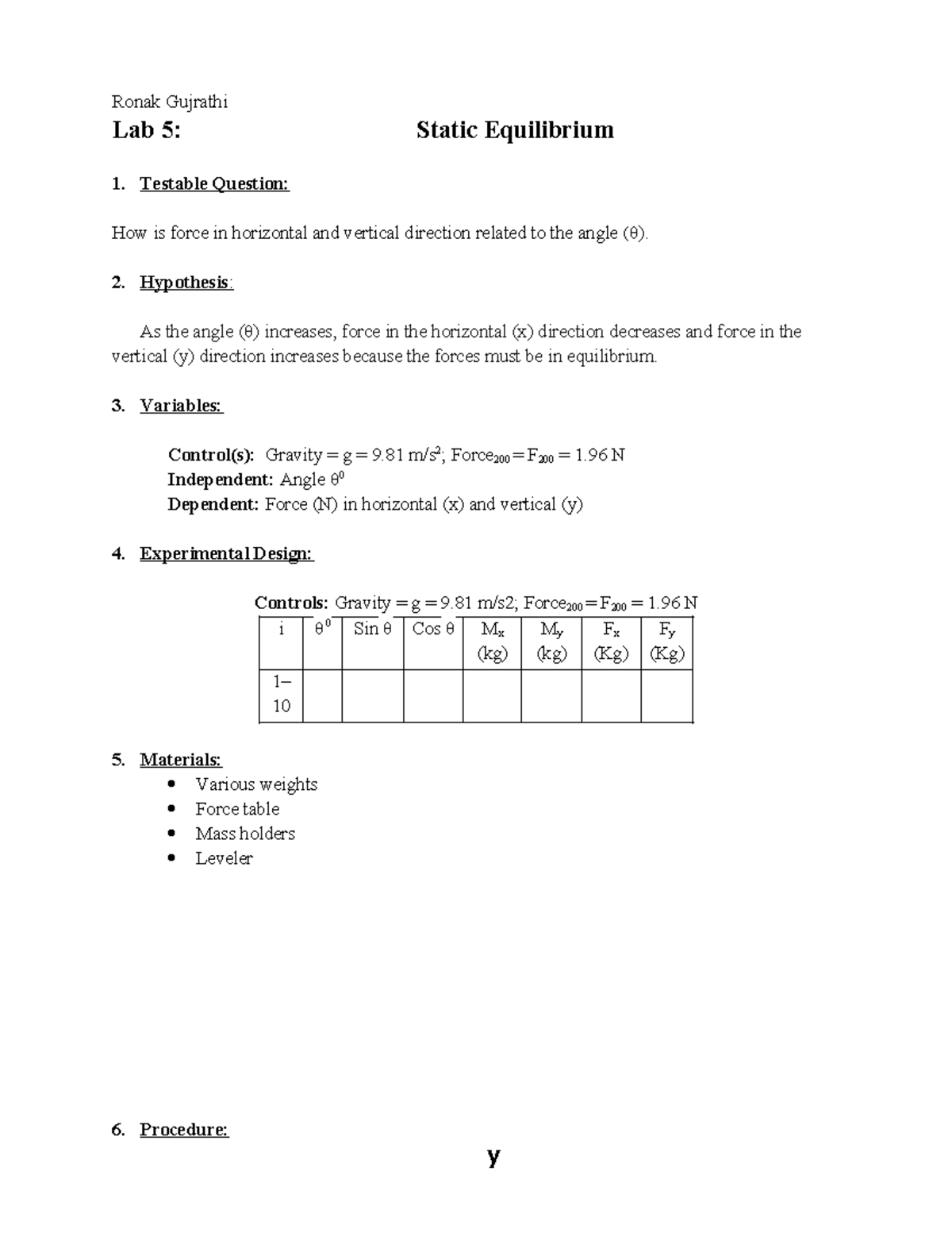 PHY111L Lab 5 Static equilibrium RG - Ronak Gujrathi Lab 5: Static ...