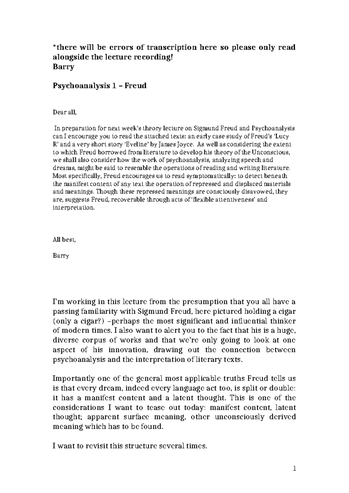 Freud notes copy - Tagged - *there will be errors of transcription here ...