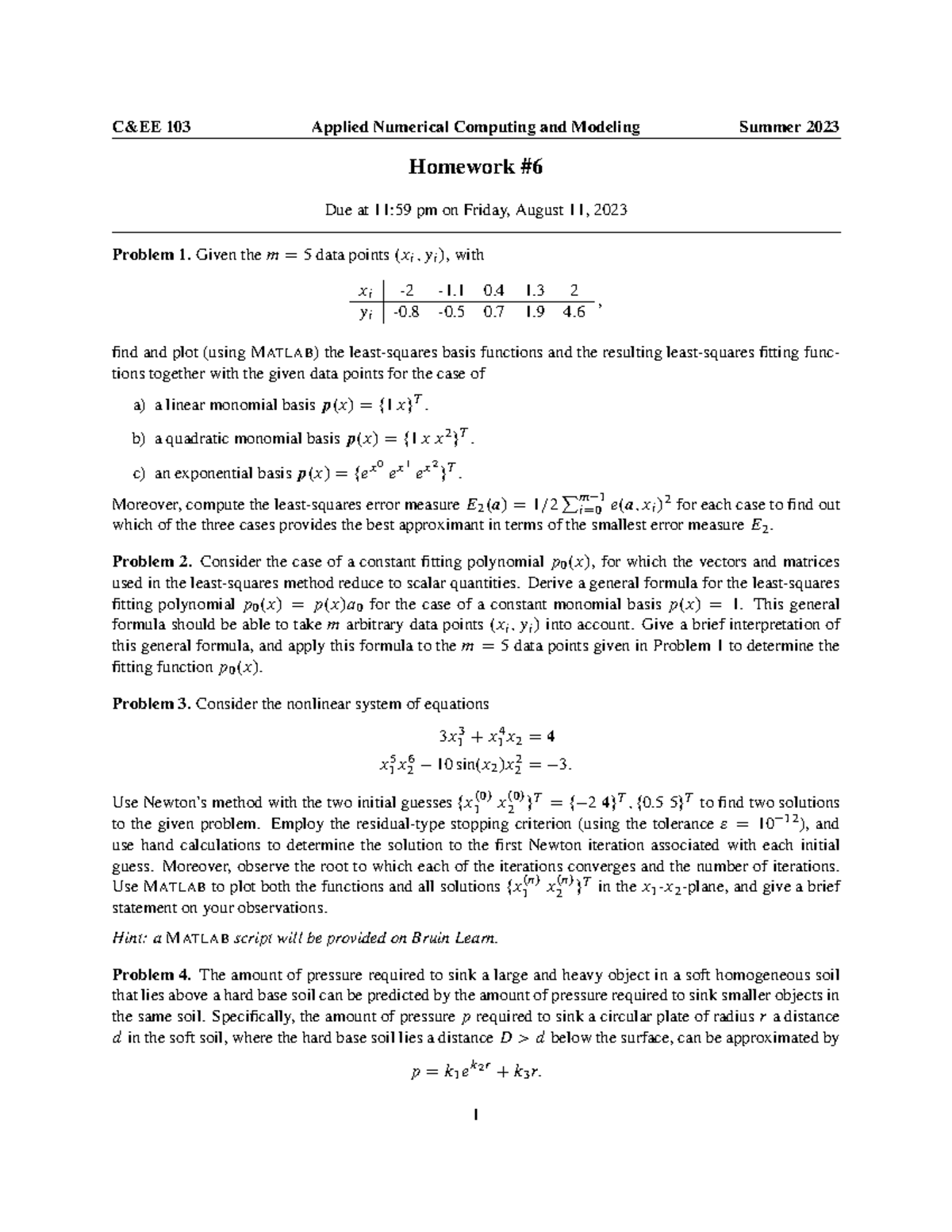 CEE103-Homework 6 - Slides - C&EE 103 Applied Numerical Computing and Modeling Summer 2023 - Studocu