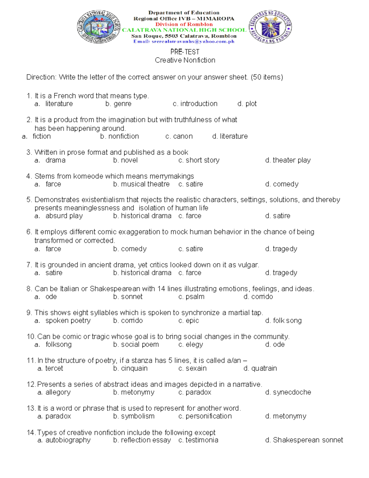 PRE TEST CNF - Creative Nonfiction is a specialized subject of HUMSS 12 ...