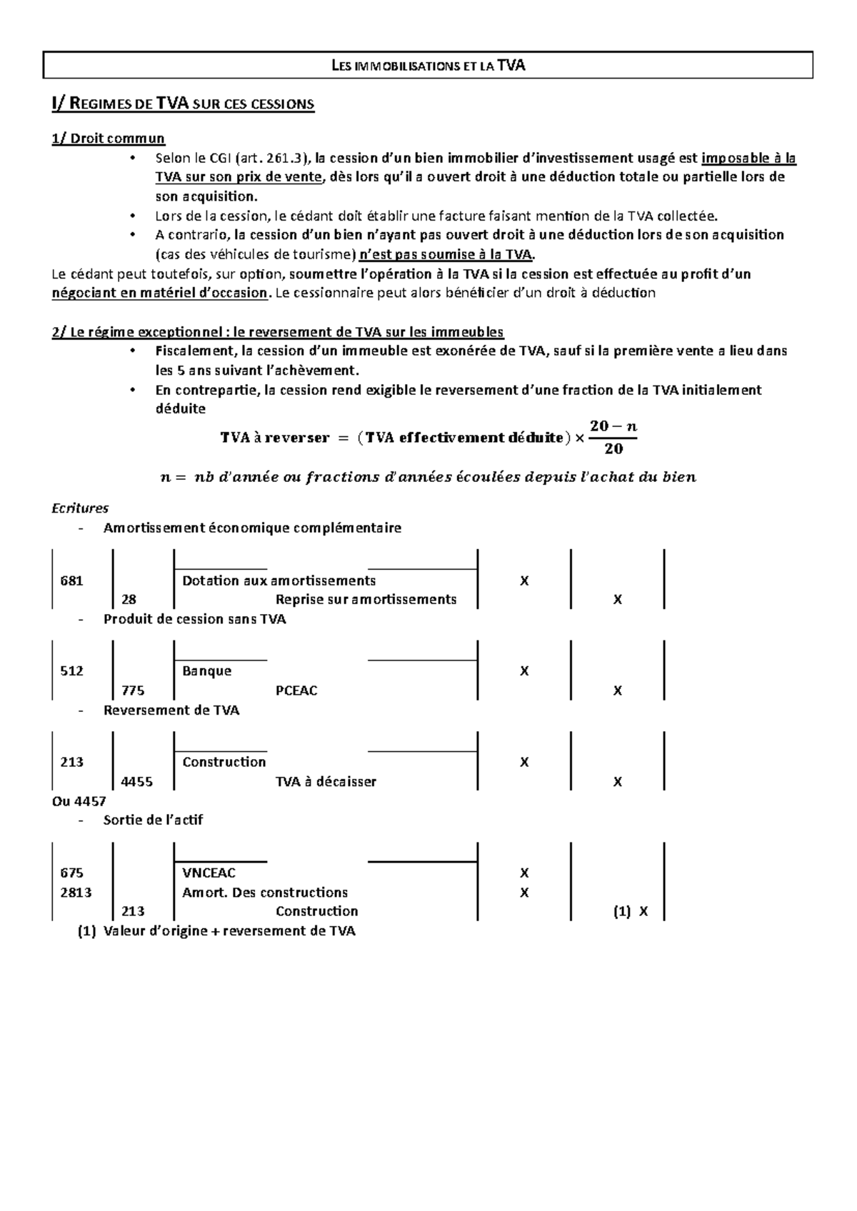 Fiche - Les immobilisations et la tva - LES IMMOBILISATIONS ET LA TVA I ...