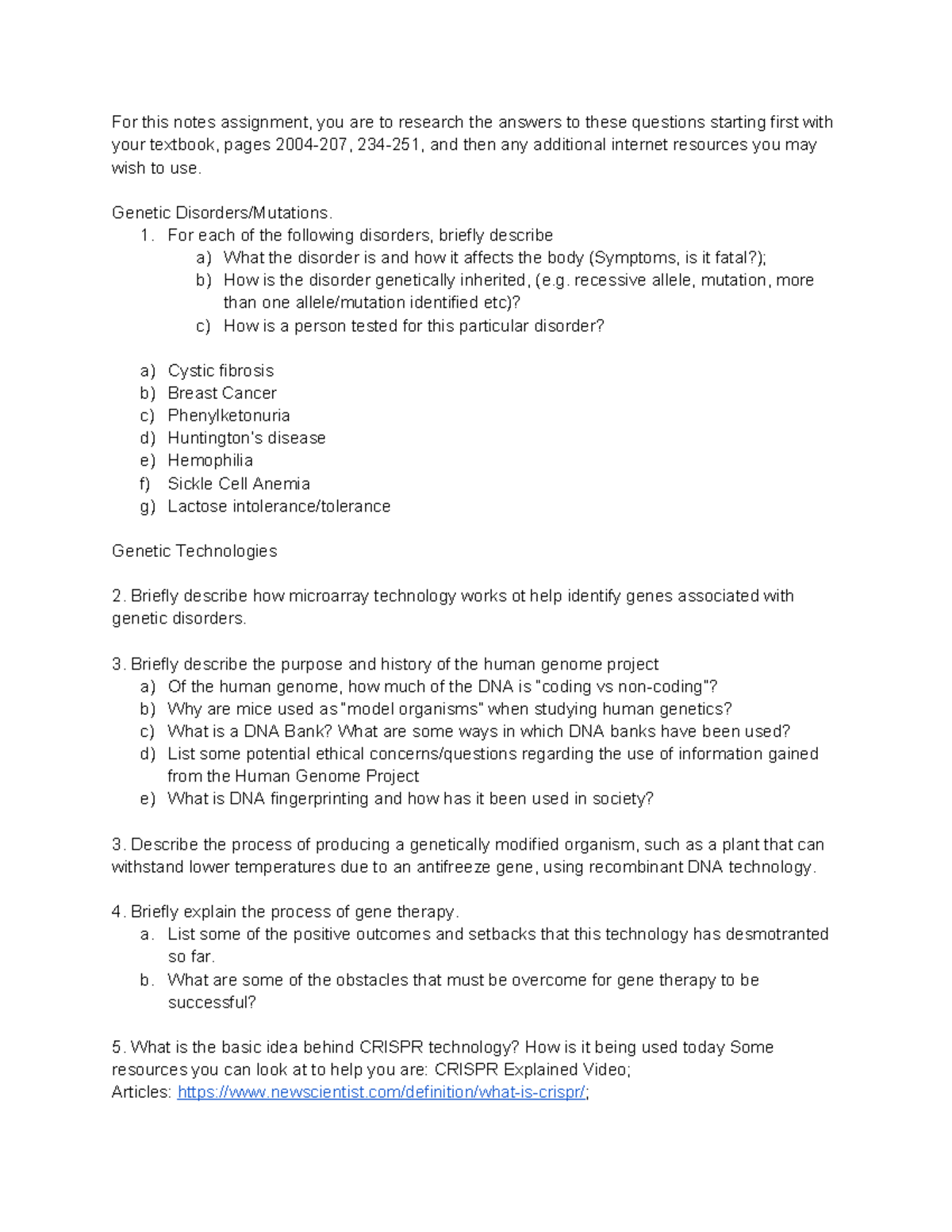 Genetic Disorders and Technologies- Notes Assignment - For this notes ...