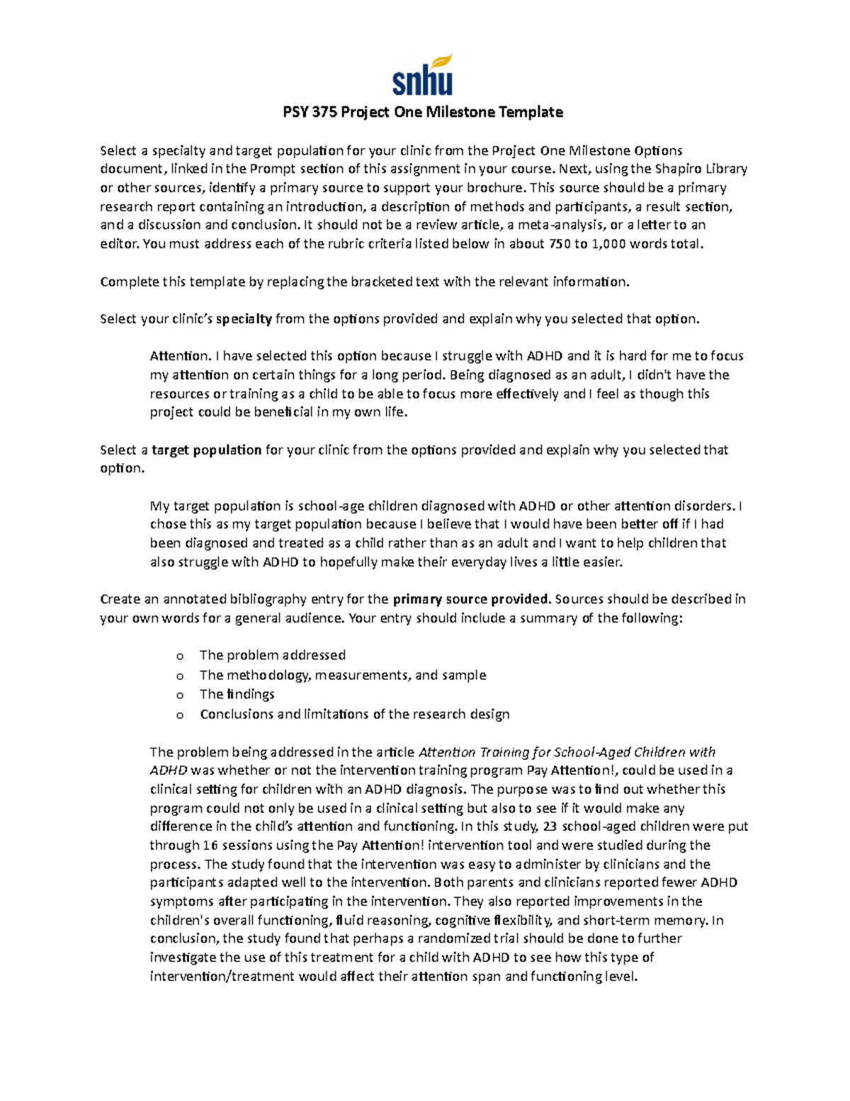 PSY 375 Project One Milestone - Next, using the Shapiro Library or ...