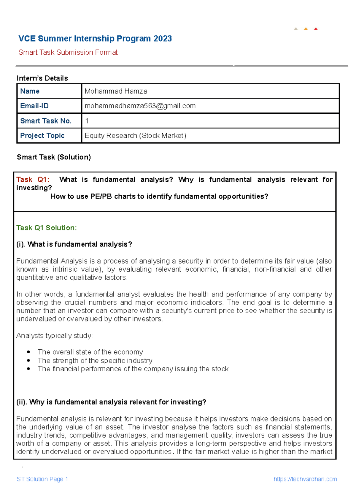 Equity research VCE - Smart Task Submission Format Intern’s Details ...