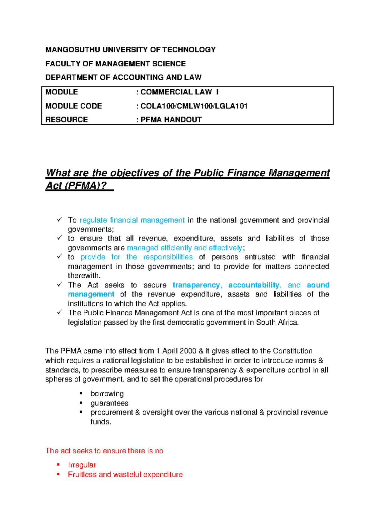 PFMA Handout 2024 - MANGOSUTHU UNIVERSITY OF TECHNOLOGY FACULTY OF ...