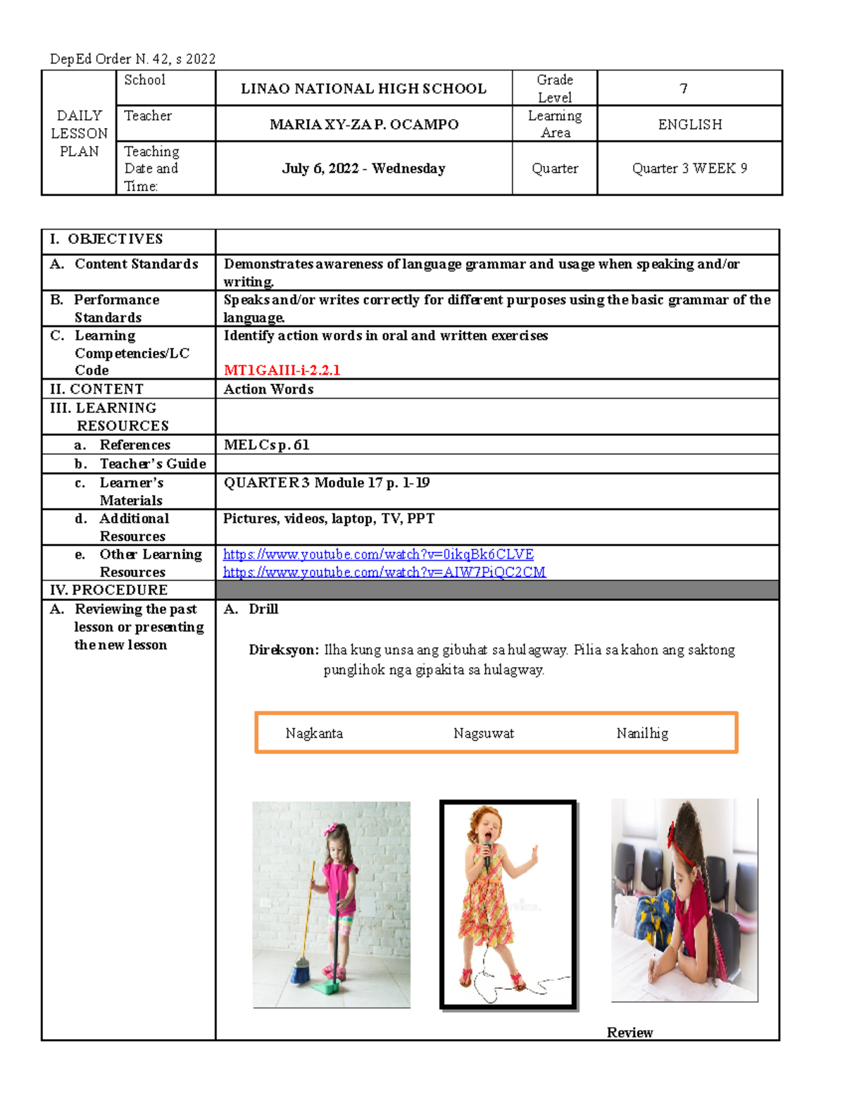 DEMO - Learning-PLAN - Sample LP - DepEd Order N. 42, s 2022 DAILY ...