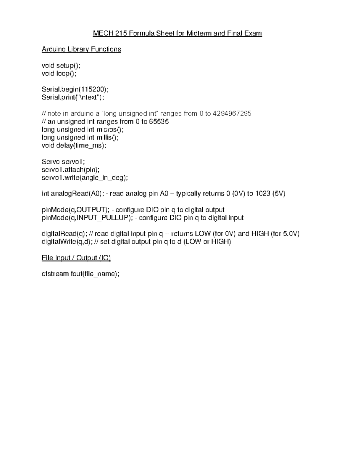 MECH215 exam formula sheet 2019 - MECH 215 Formula Sheet for Midterm ...