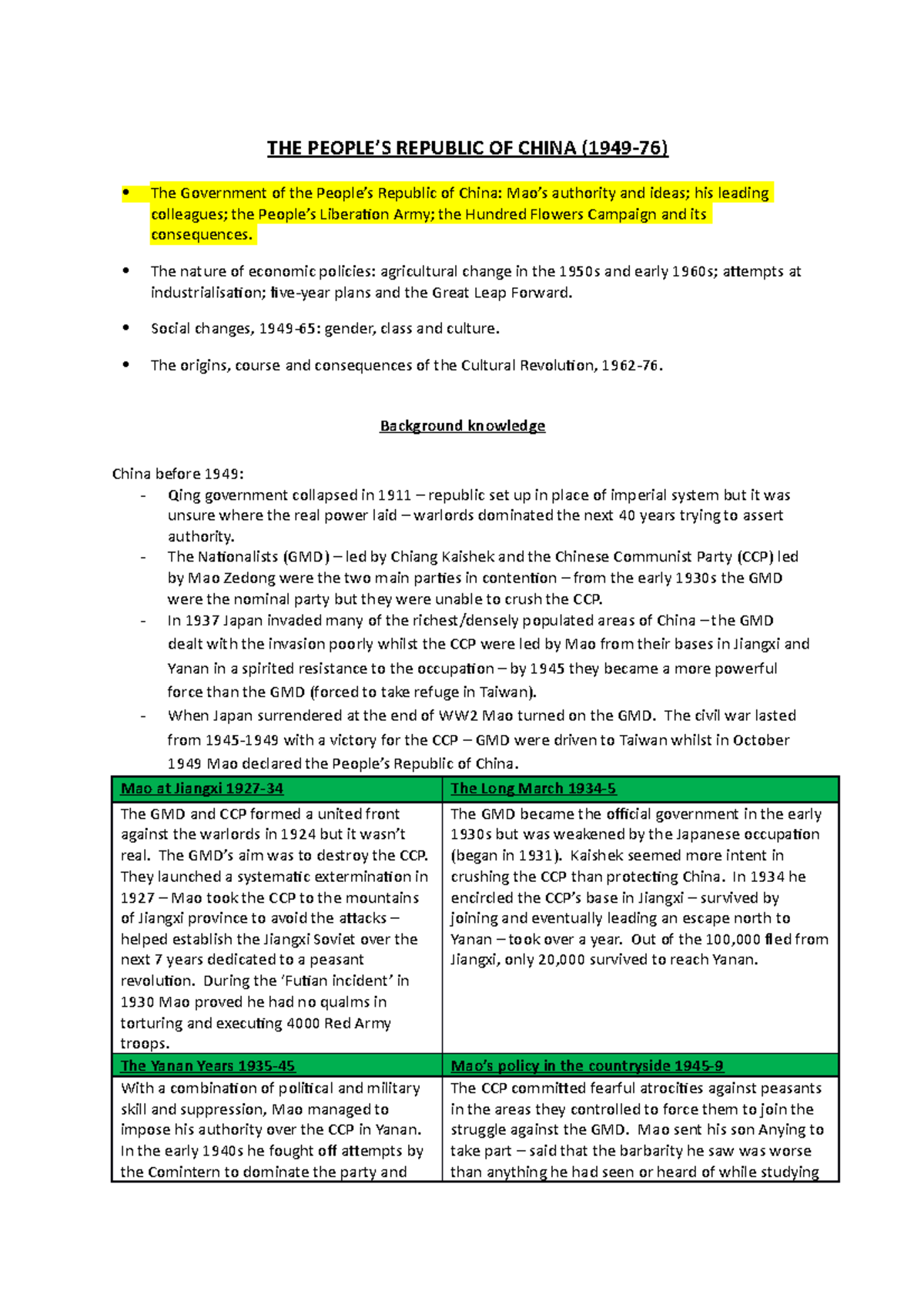 notes on british, uni notes - THE PEOPLE’S REPUBLIC OF CHINA (1949-76 ...