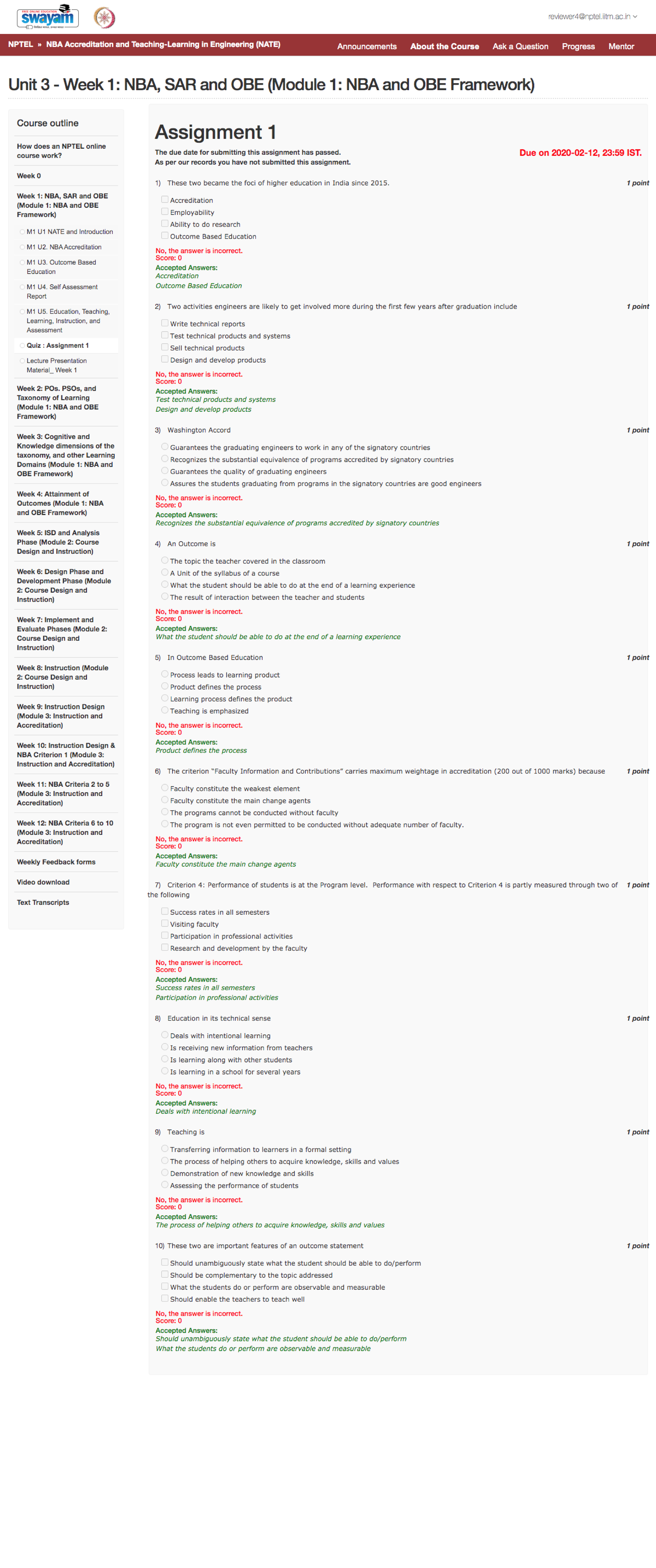 Noc20 ge11 assessment id Week 1 - swayam NPTEL NBA Accreditation and in Engineering (NATE) - Studocu