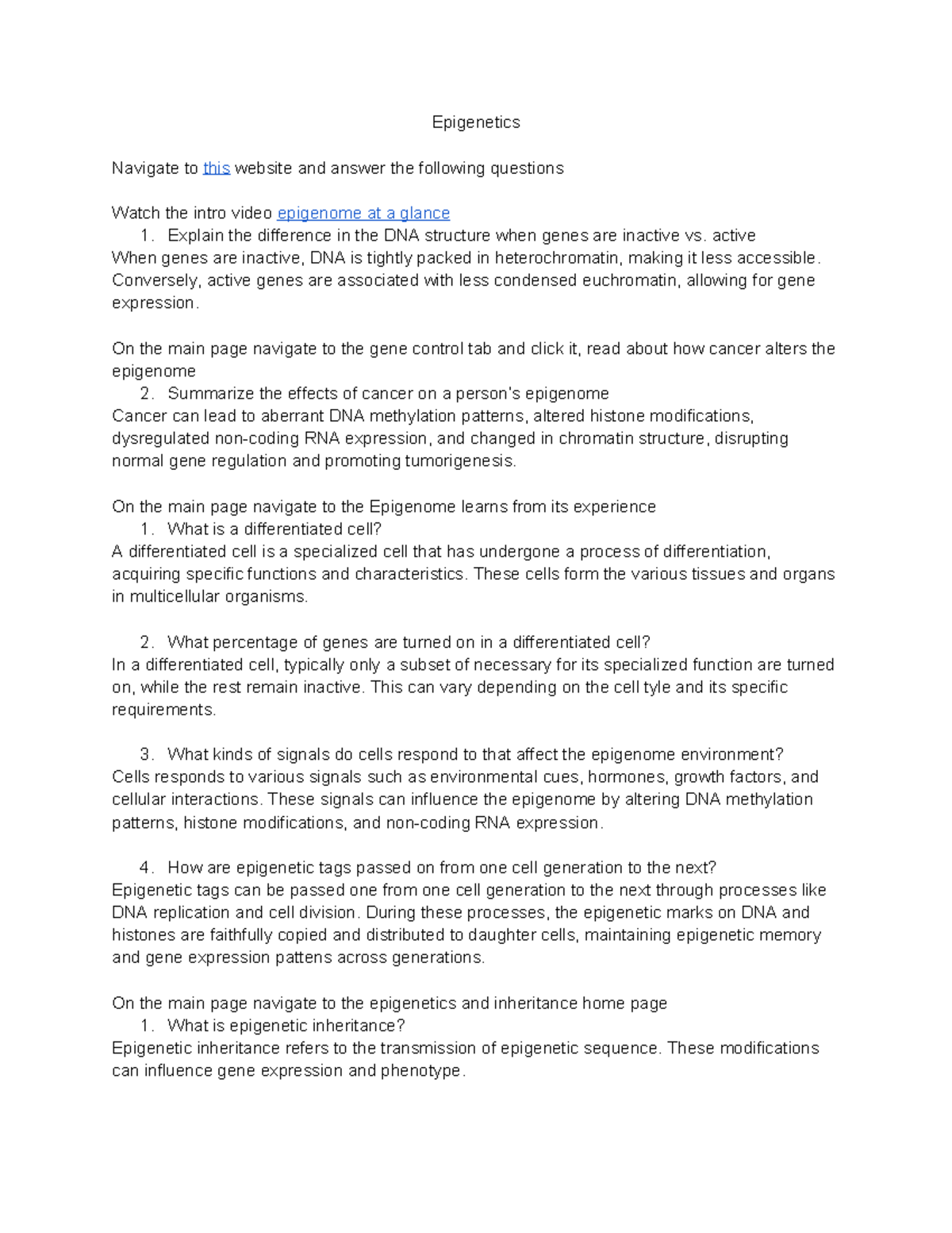 Epigenetics - Epigenetics Navigate to this website and answer the ...