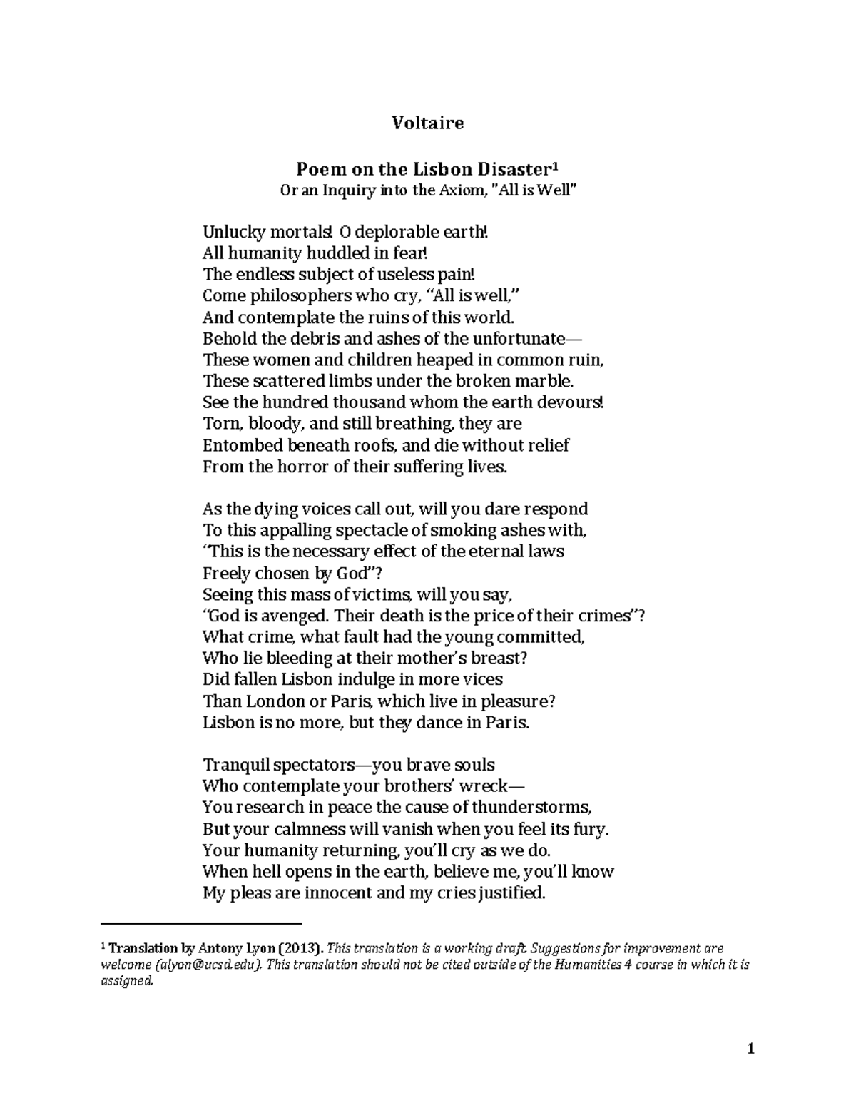 Voltaire, Poem on the Lisbon Disaster - Voltaire Poem on the Lisbon ...